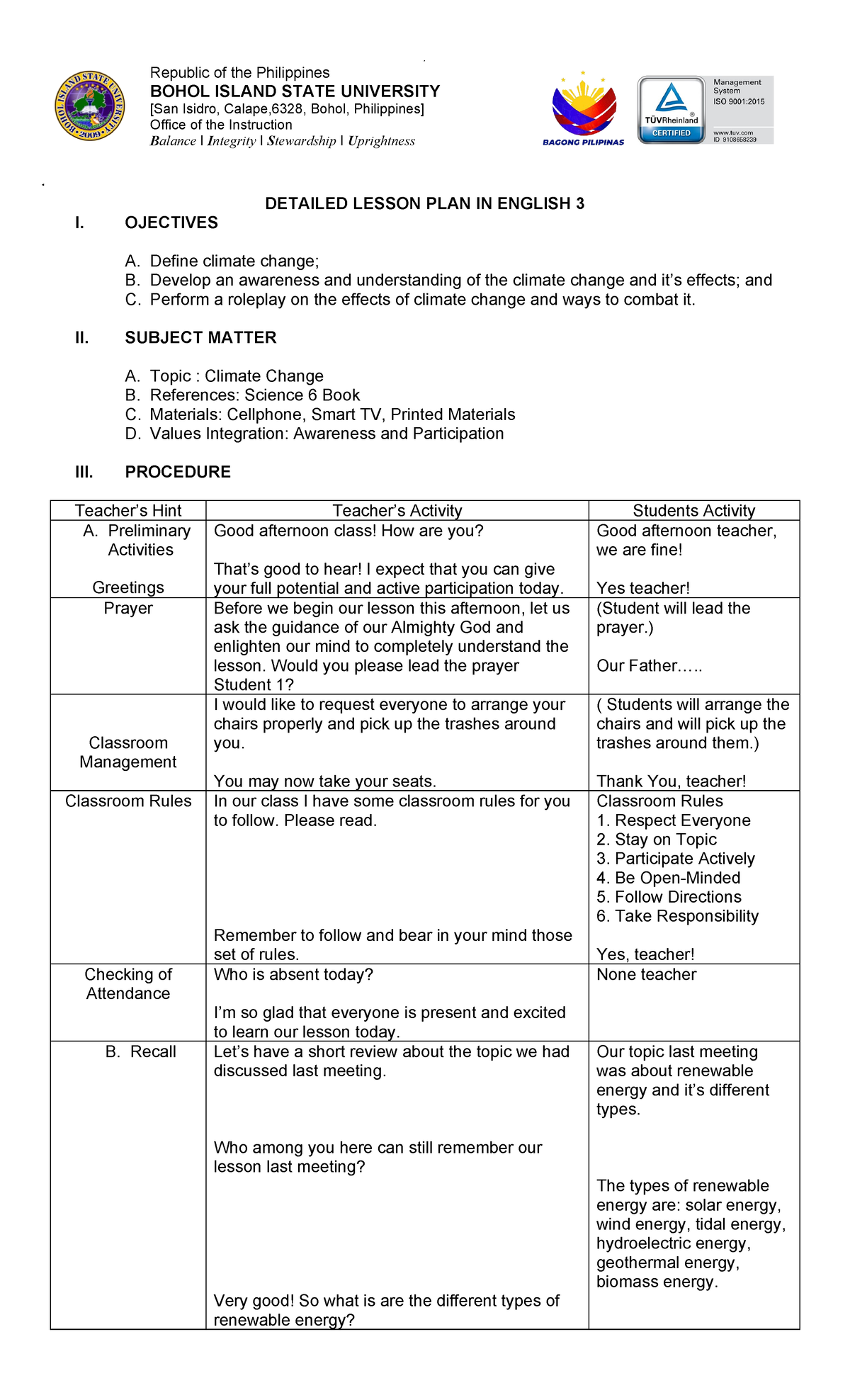 Lesson PLAN Climate Change - Republic of the Philippines BOHOL ISLAND ...