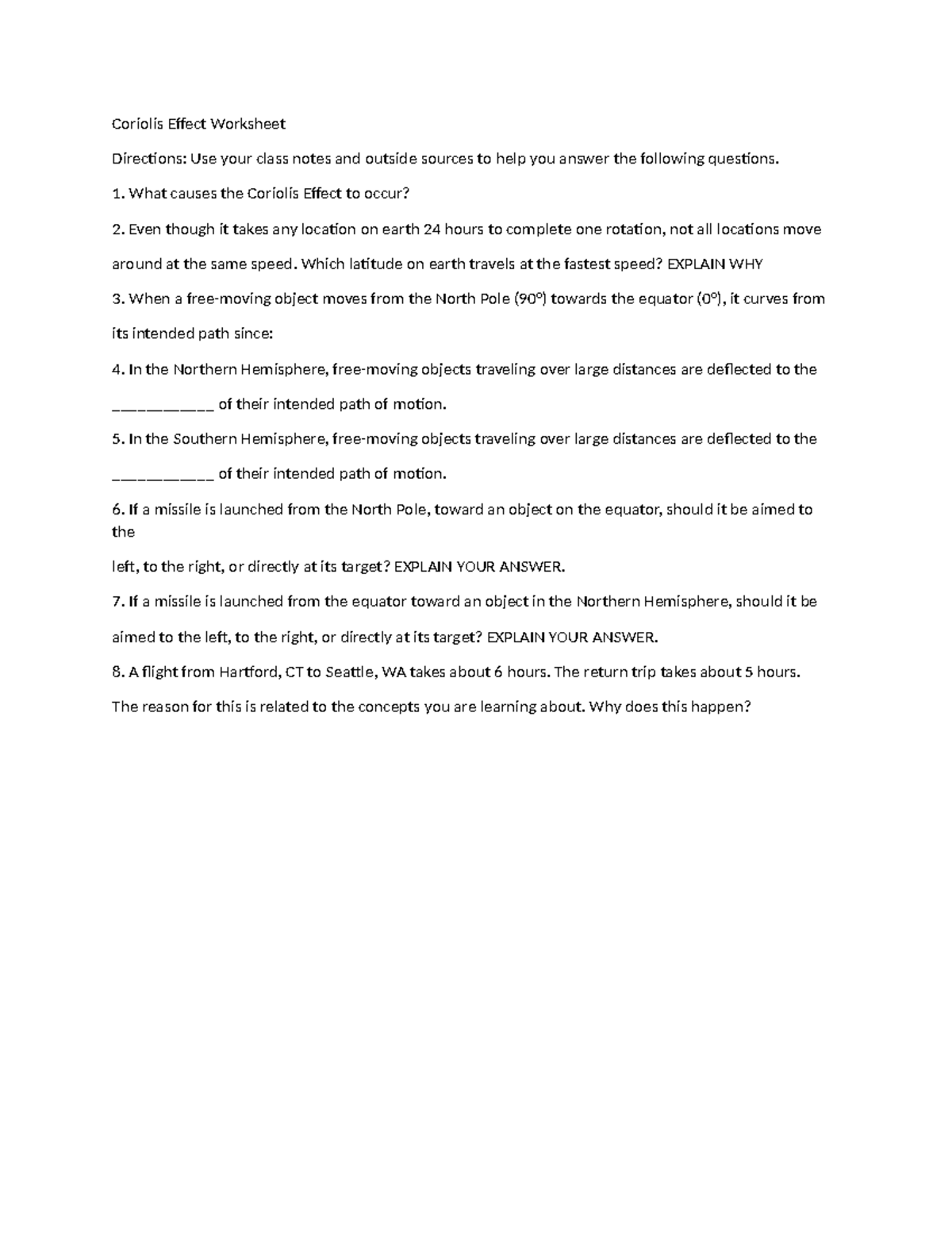 Coriolis Effect Worksheet: Understanding Motion & Deflection - Studocu