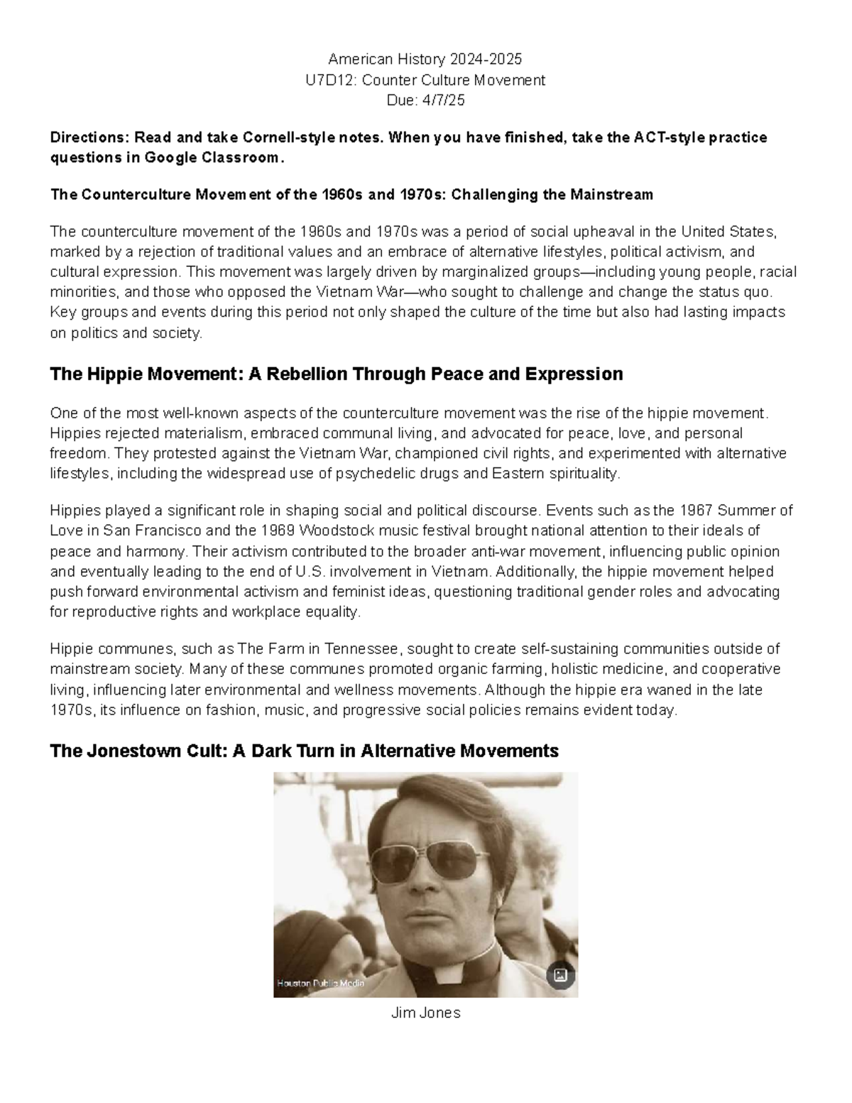 American History 2024-2025: U7D12 Counter Culture Movement Overview ...