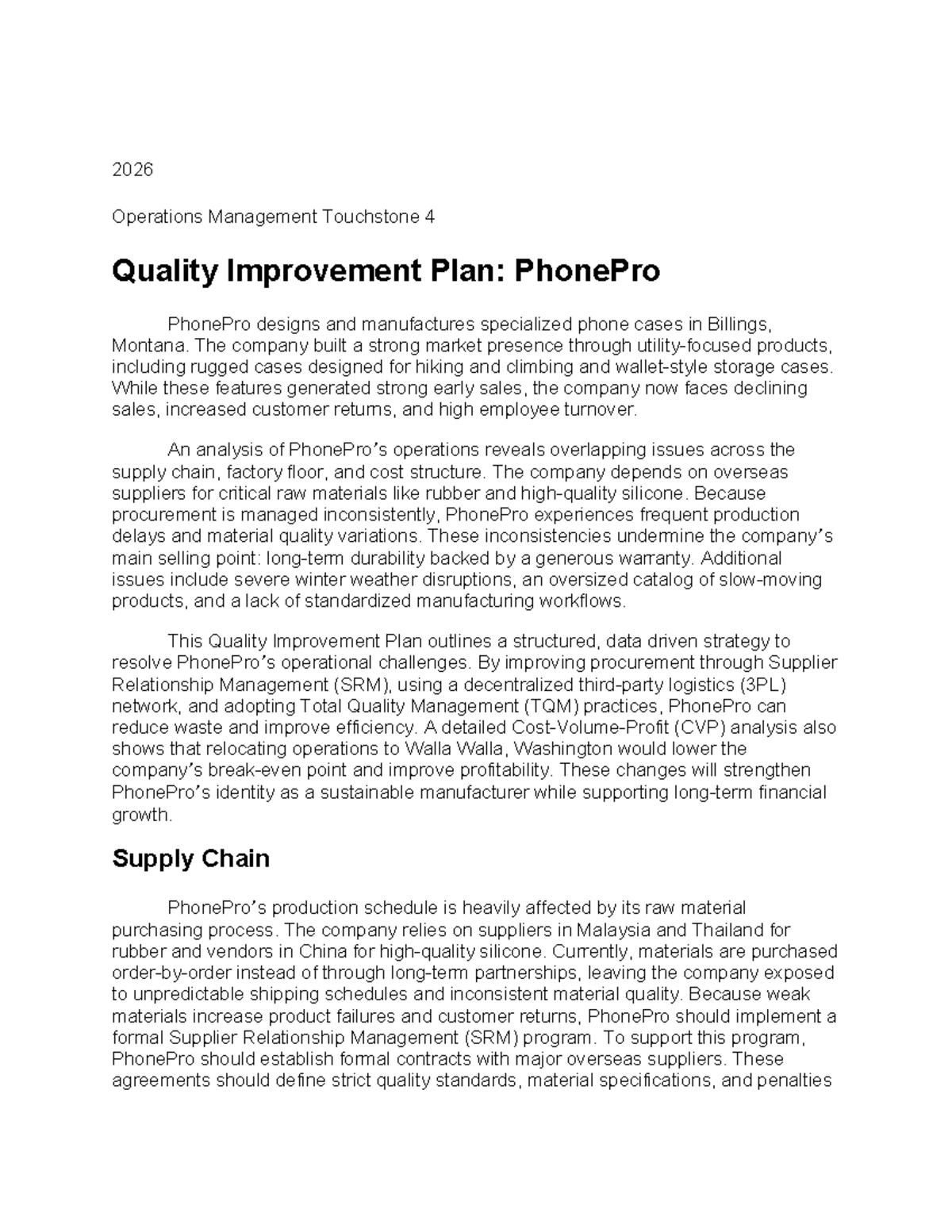 2026 OM Touchstone 4: Quality Improvement Plan for PhonePro - Studocu