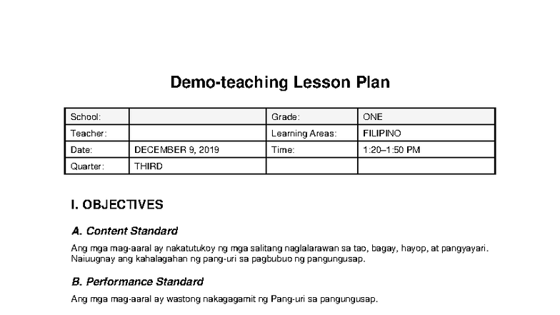 Lesson Plan: Filipino for Grade ONE - Third Quarter - Studocu
