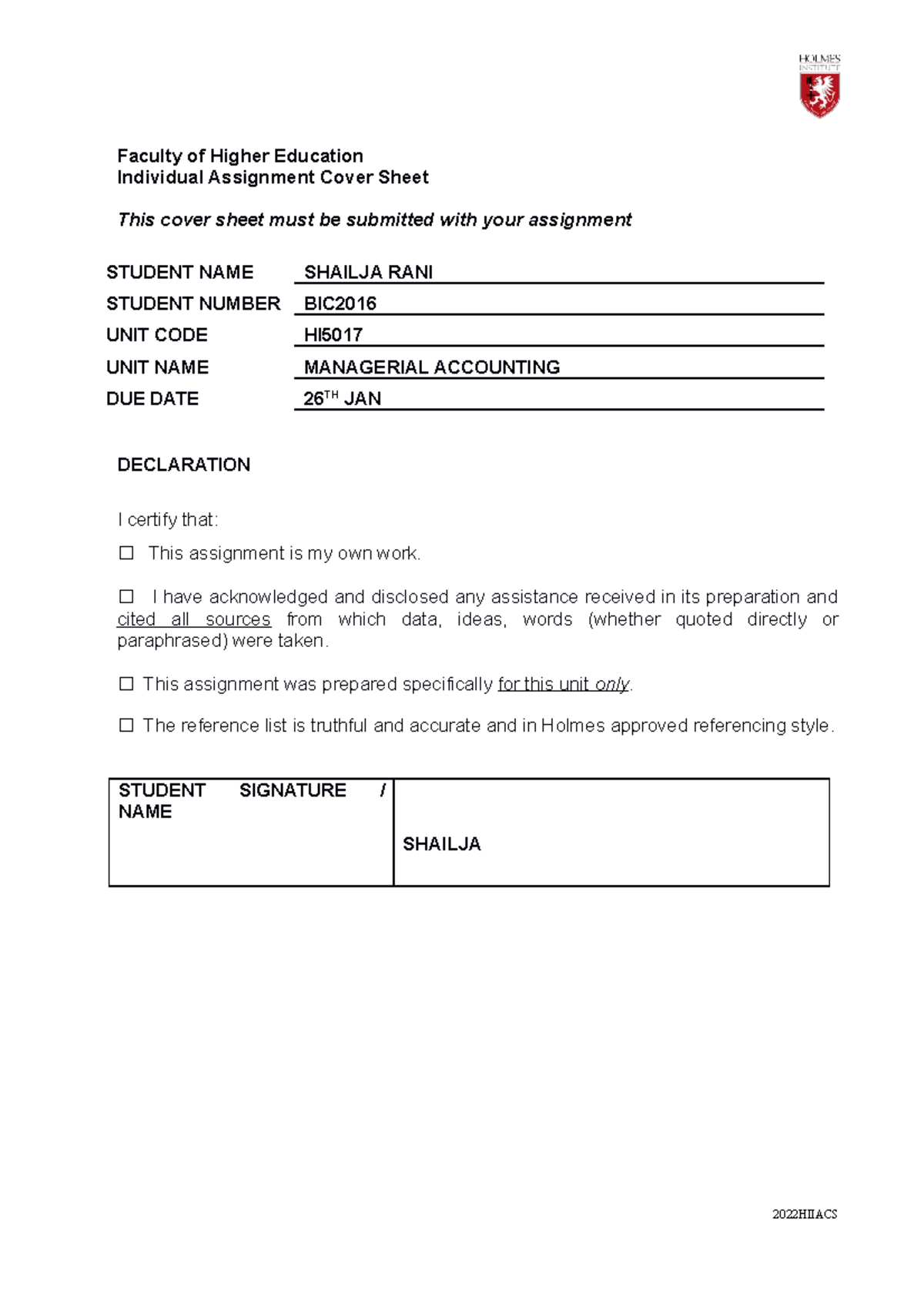 Managerial Accounting hi5017 - Faculty of Higher Education Individual ...