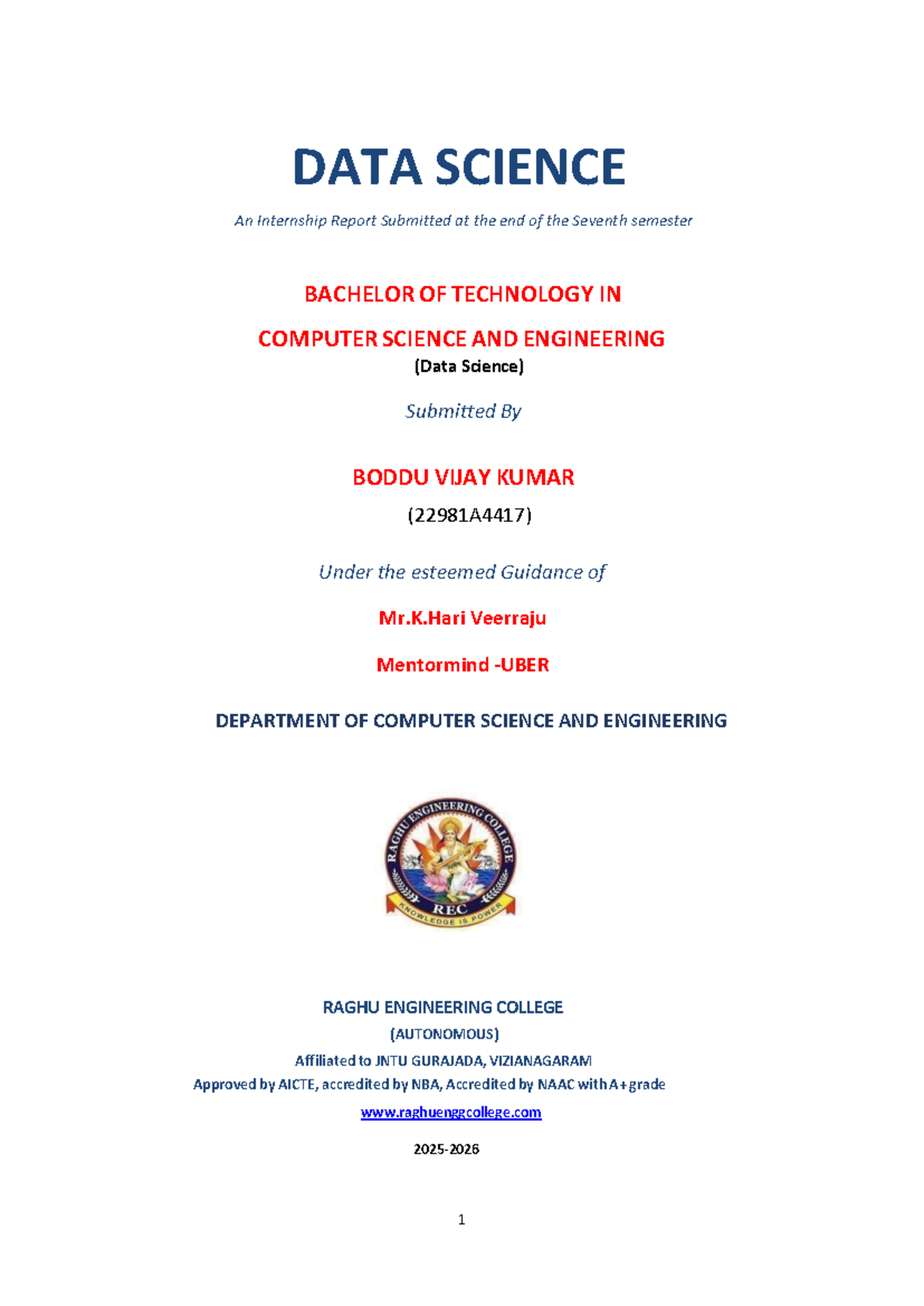 DATA SCIENCE Internship Report - B.Tech CSE (Data Science) - Studocu