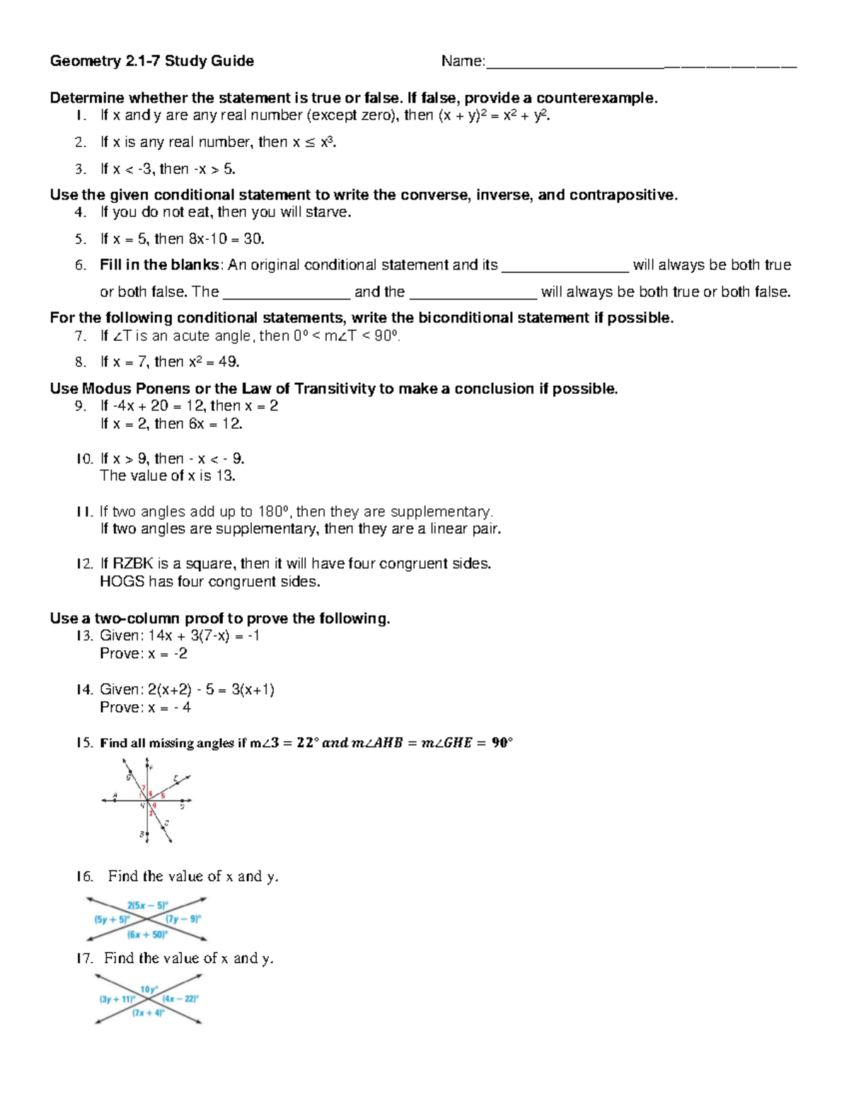Geometry Test 2.1-7 Study Guide: True/False & Proofs - Studocu