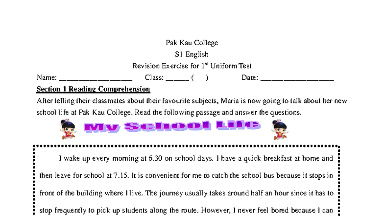 Pak Kau College S1 English Reading Comprehension for 1st Test - Studocu