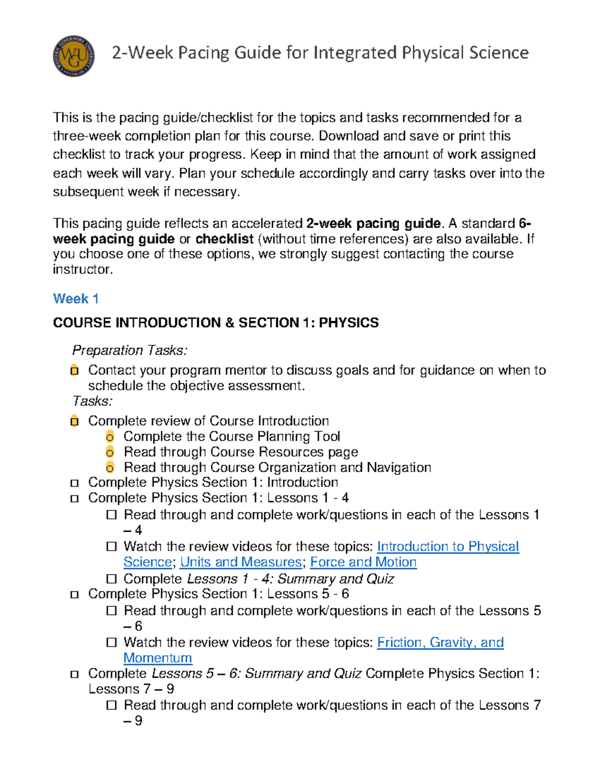 C165 Integrated Physical Science 2-Week Pacing Guide - Studocu
