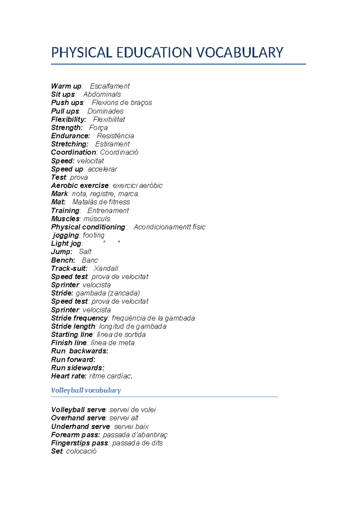 PHYSICAL EDUCATION VOCABULARY: Key Terms and Phrases - Studocu