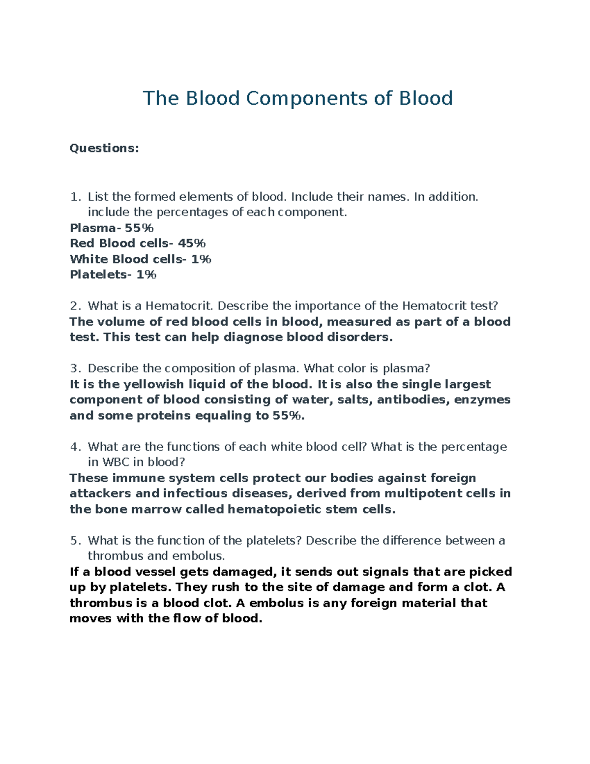 Blood Components: Key Questions and Answers on Hematology - Studocu