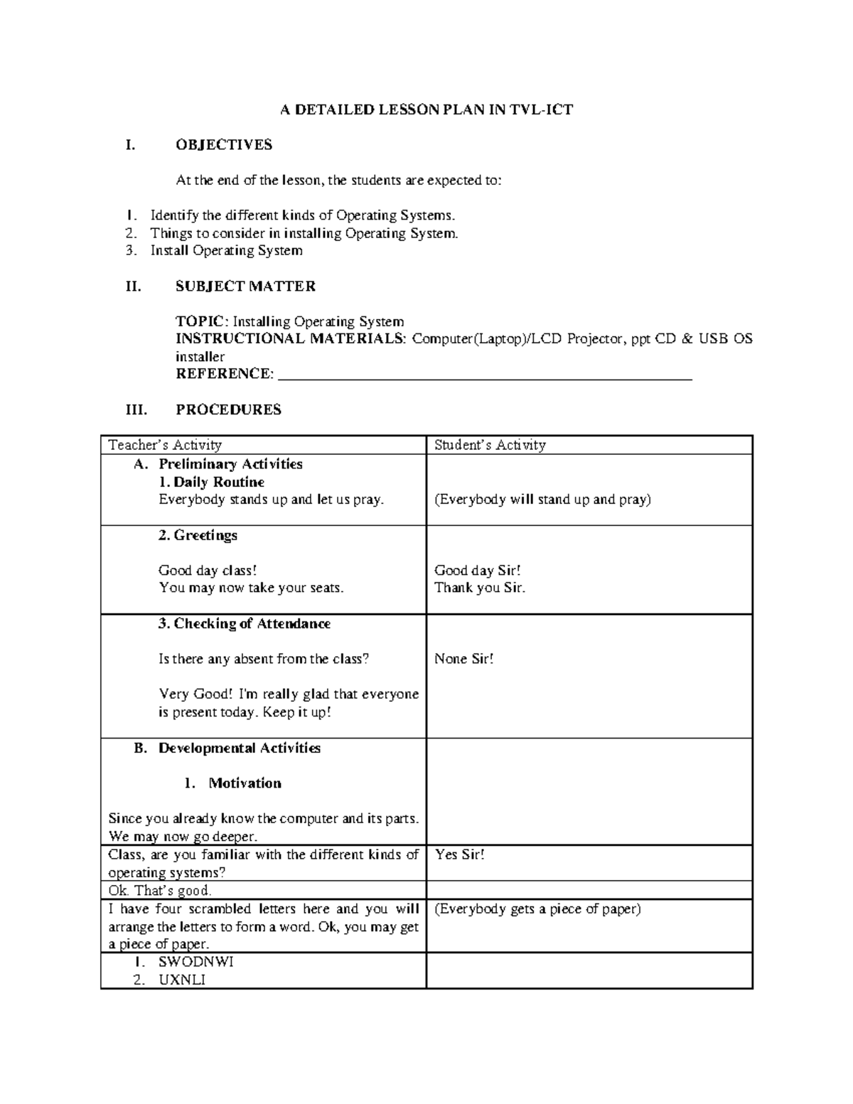 Detailed Lesson Plan for TVL-ICT: Installing Operating Systems - Studocu