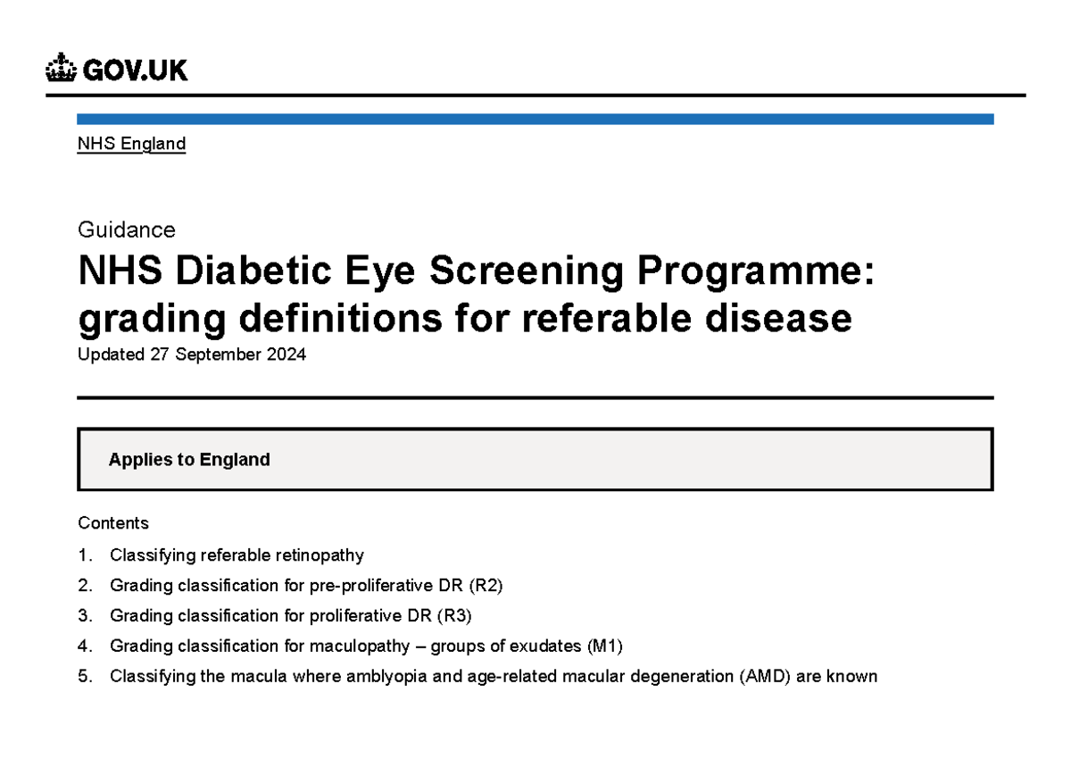 NHS Diabetic Eye Screening Programme: Grading Definitions for DR - Studocu