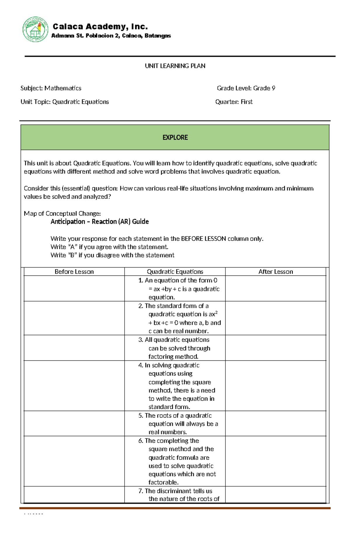 Grade 9 Math Unit Learning Plan: Quadratic Equations (A.Y. 2022) - Studocu
