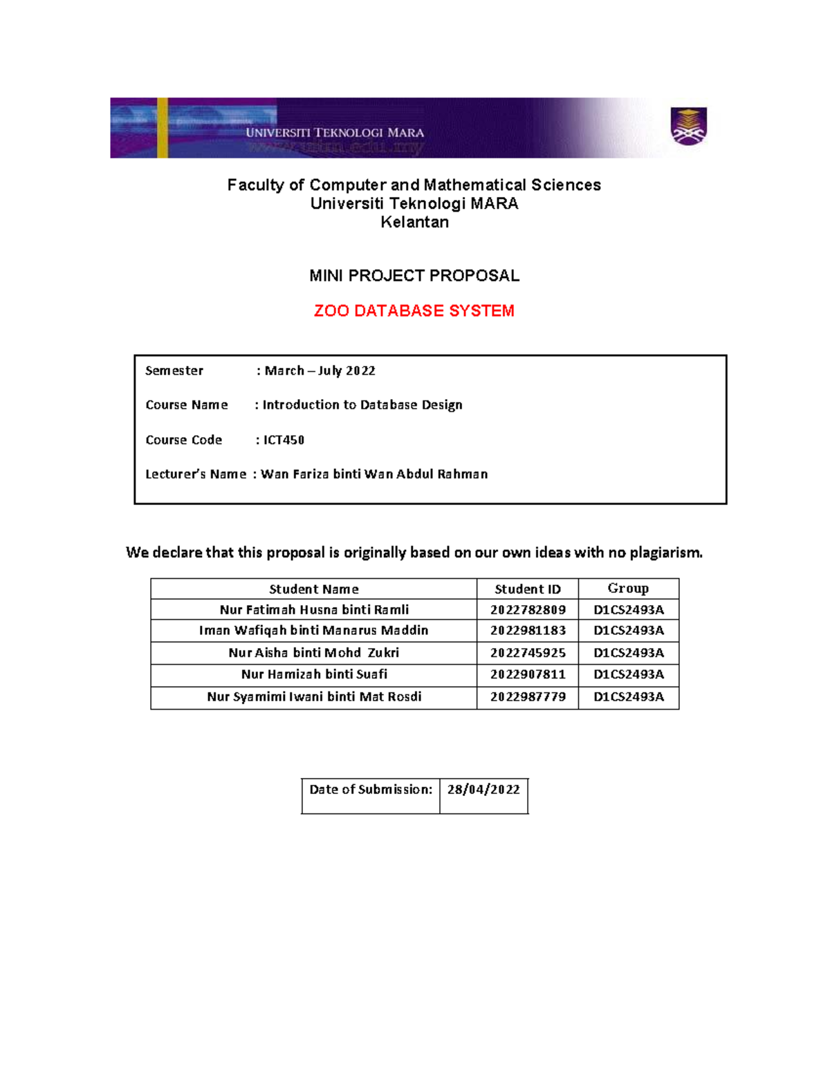 Project Proposal ICT450 - Faculty of Computer and Mathematical Sciences ...
