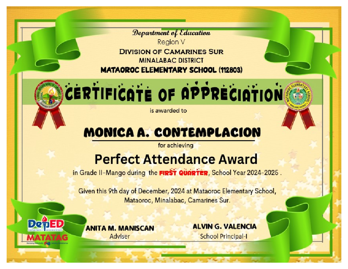 Certificate perfect attendance 2024-2025 - Arts Appreciation ...