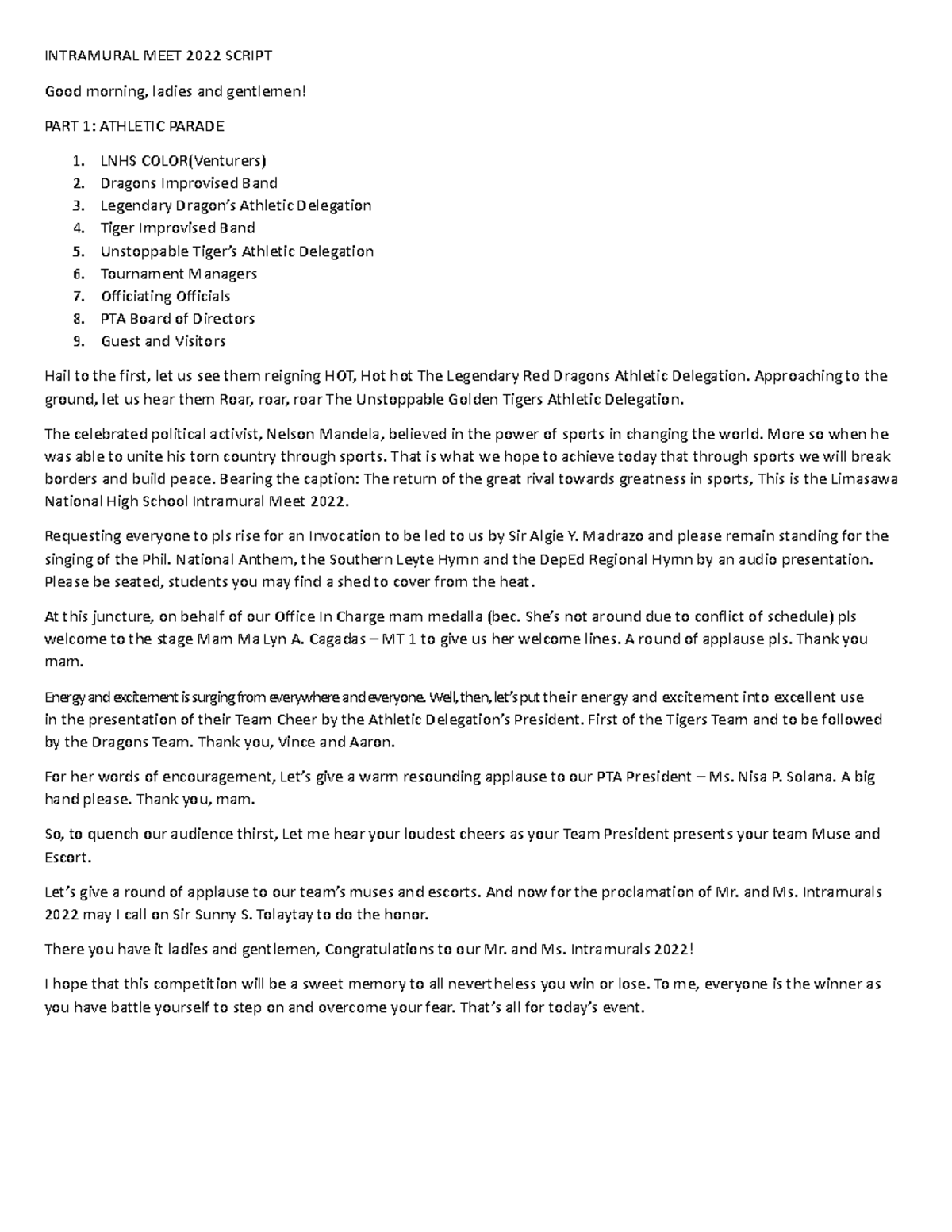 Intramural MEET 2022 Script - INTRAMURAL MEET 2022 SCRIPT Good morning ...