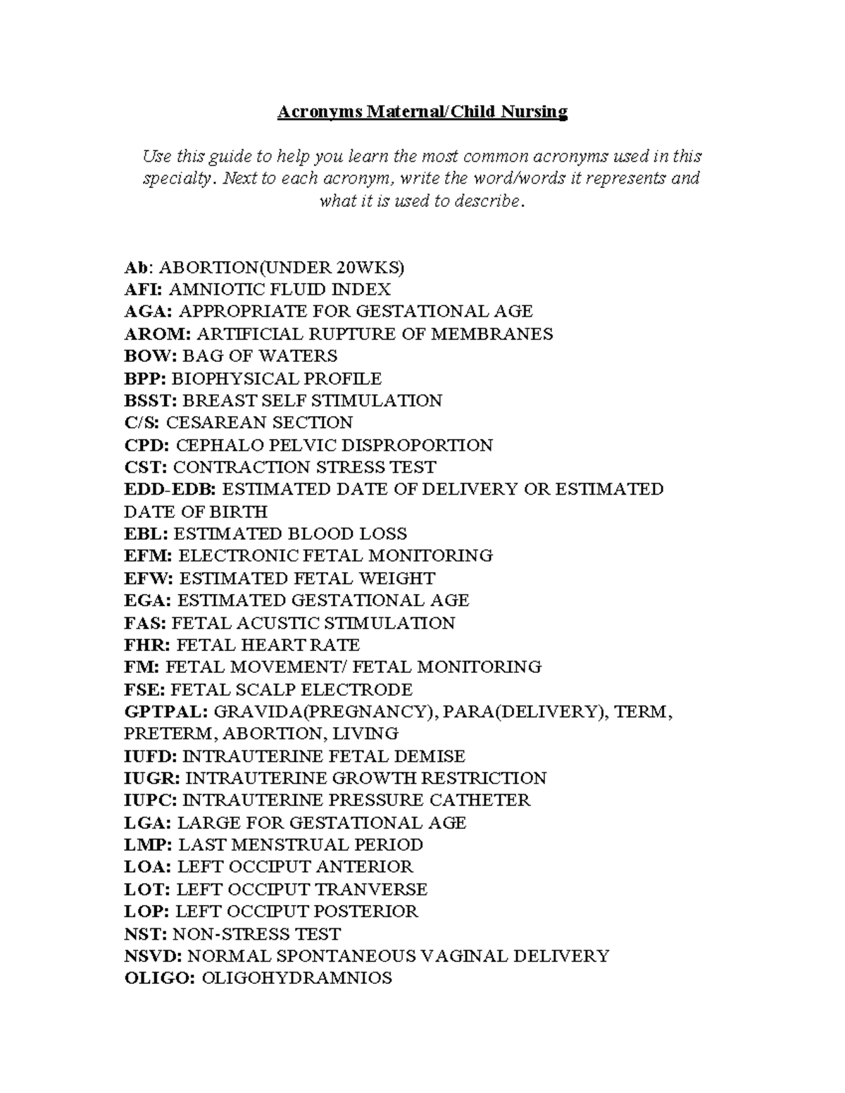 Maternal/Child Nursing Acronyms Guide - Study Notes - Studocu