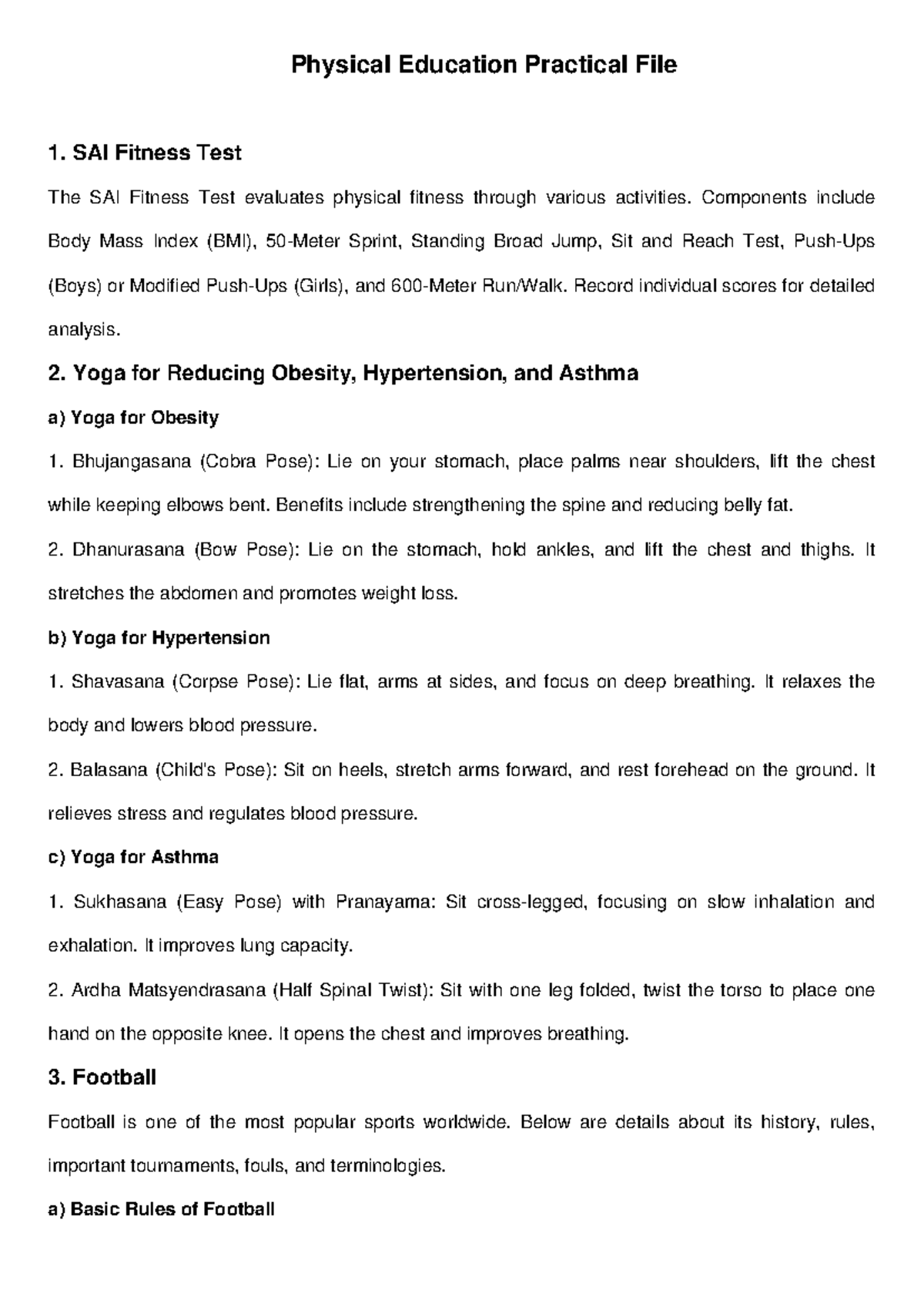 Physical Education Practical File: Fitness, Yoga & Football Insights ...