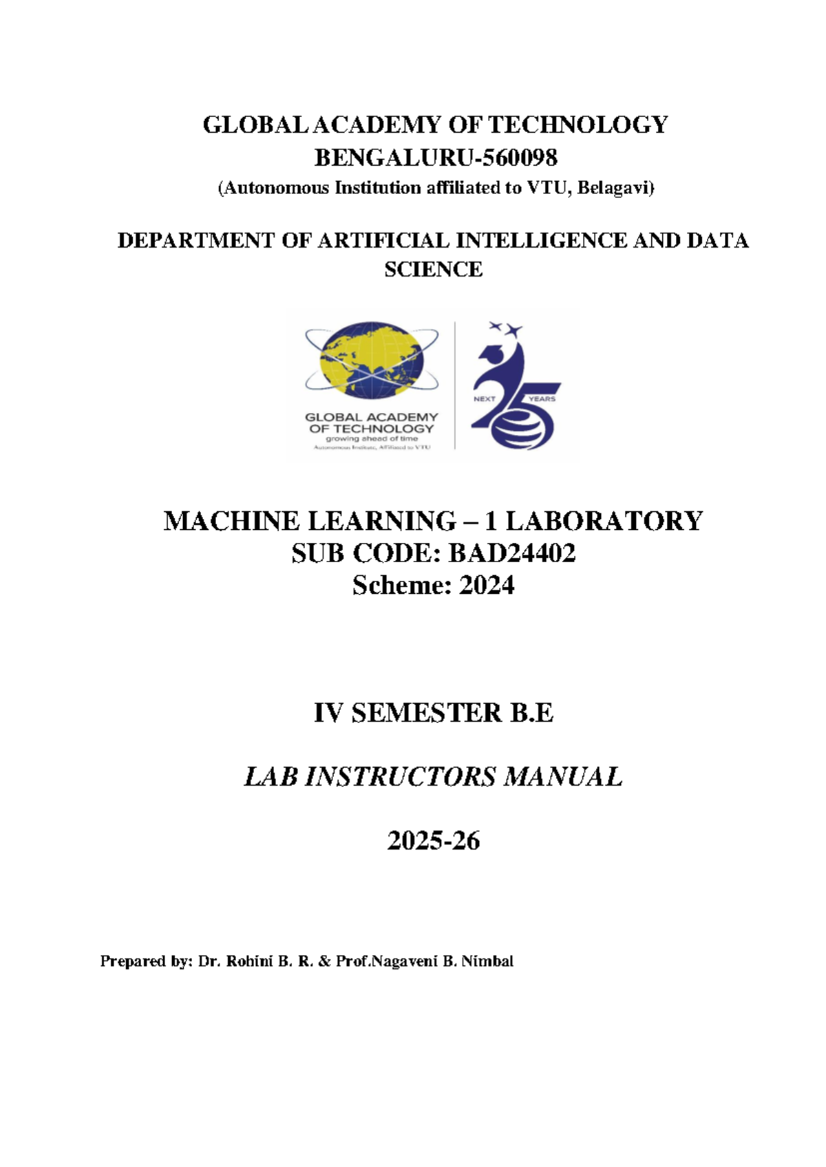 ML Laboratory Manual for Machine Learning - BAD24402 - Studocu