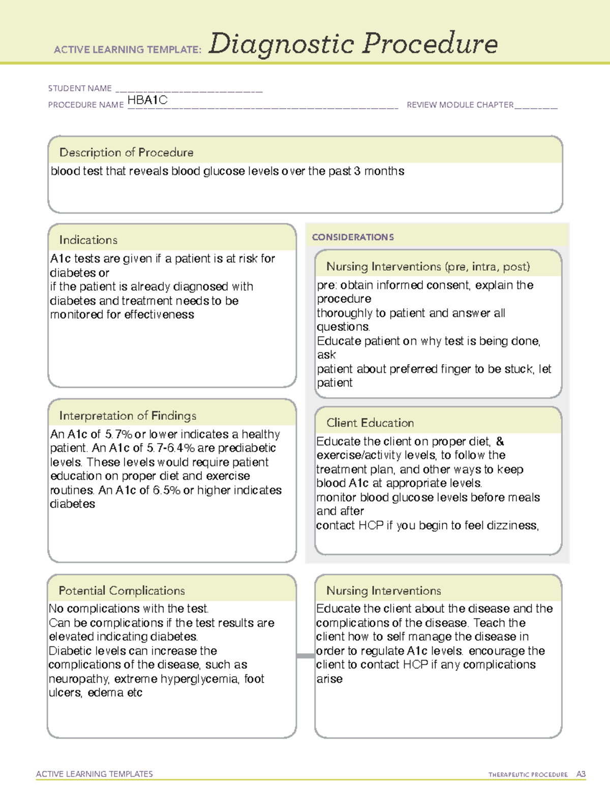 HBA1C Therapeutic Procedure Overview and Nursing Interventions - Studocu