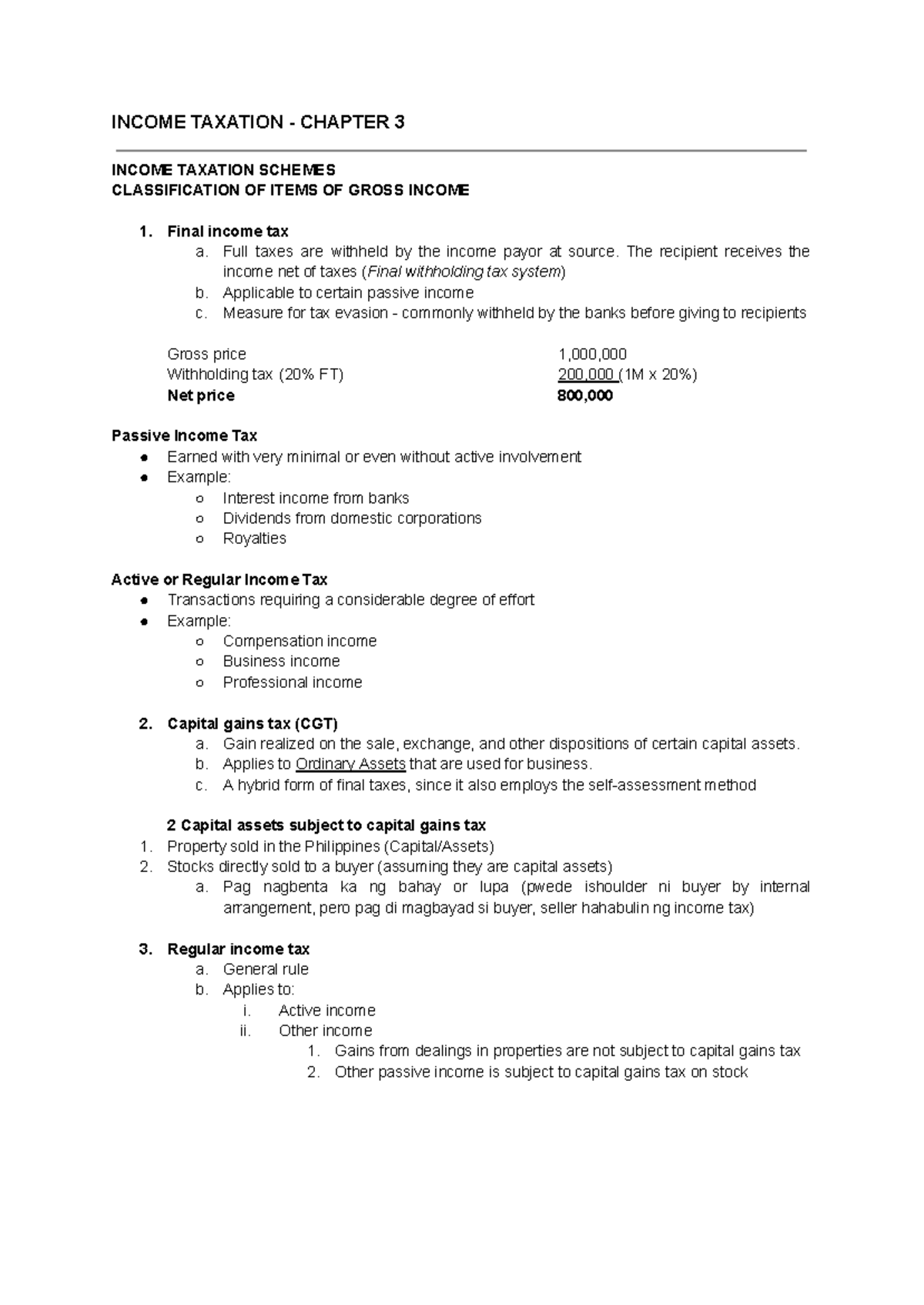 Income Taxation - Chapter 4: Classification of Gross Income Types - Studocu