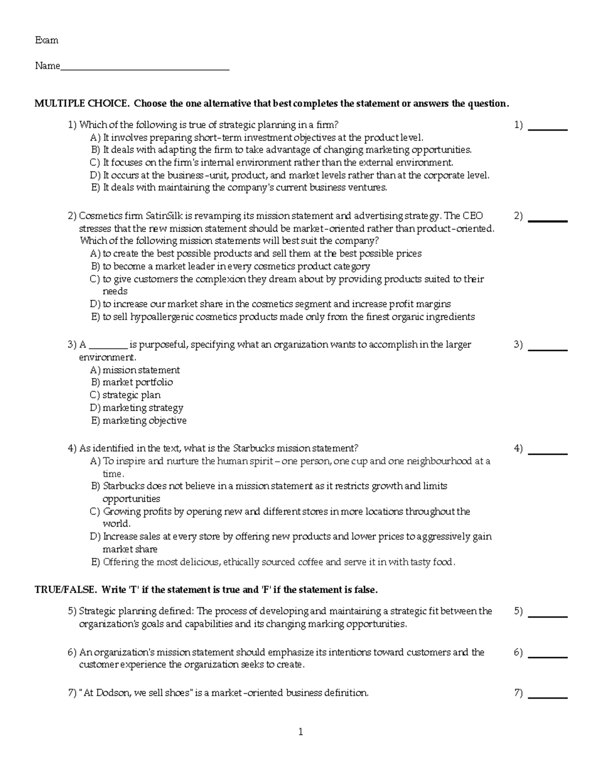 Chapter 2 multiple choice and short questions - Exam Name