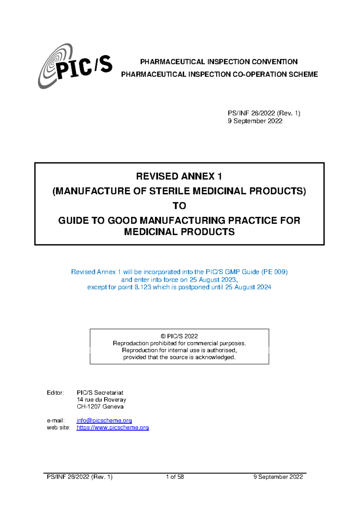 Revised Annex 1 - GMP for Sterile Medicinal Products (PICS PS/INF 26/2022) - Studocu