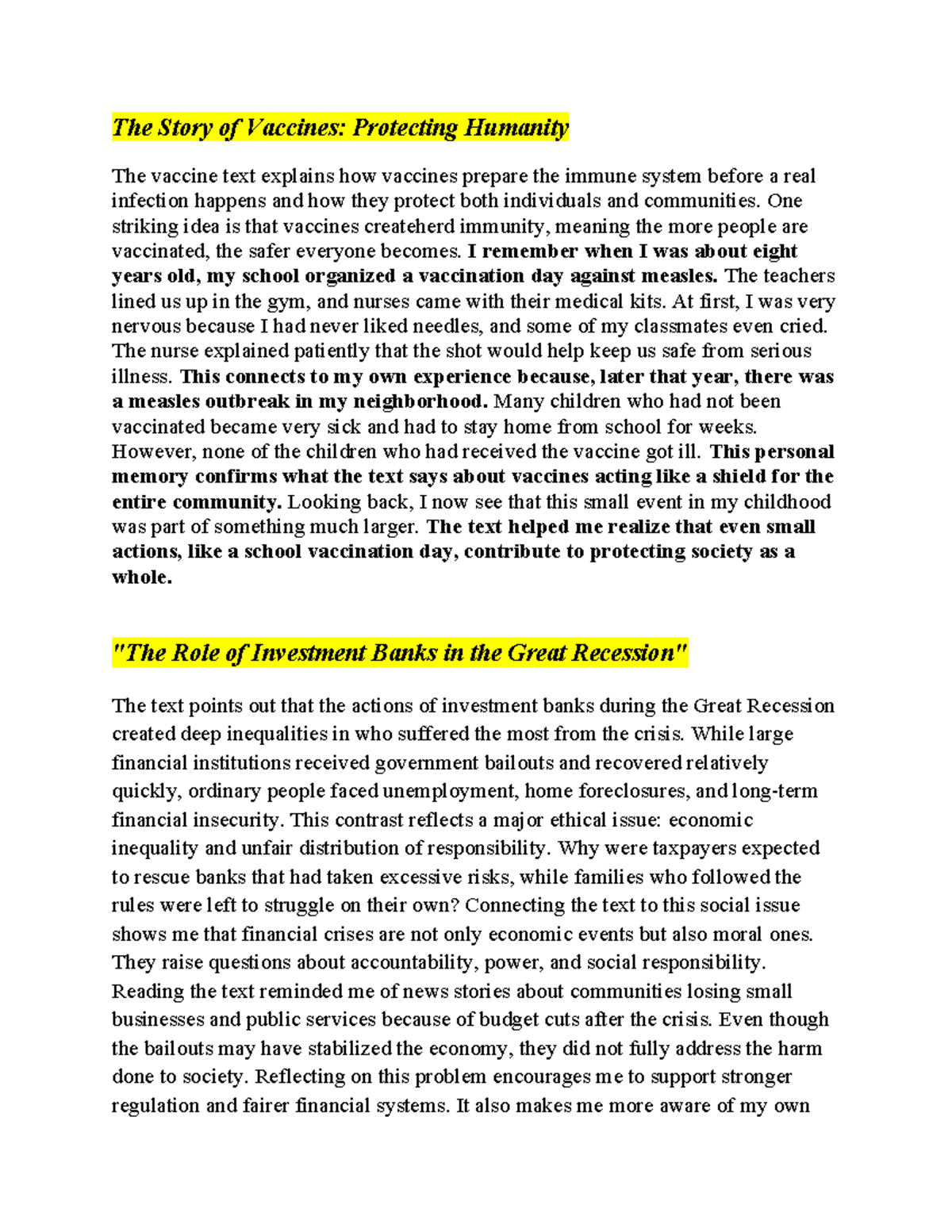 Reflective Essay: Insights on Vaccines, Finance, and Climate Change ...