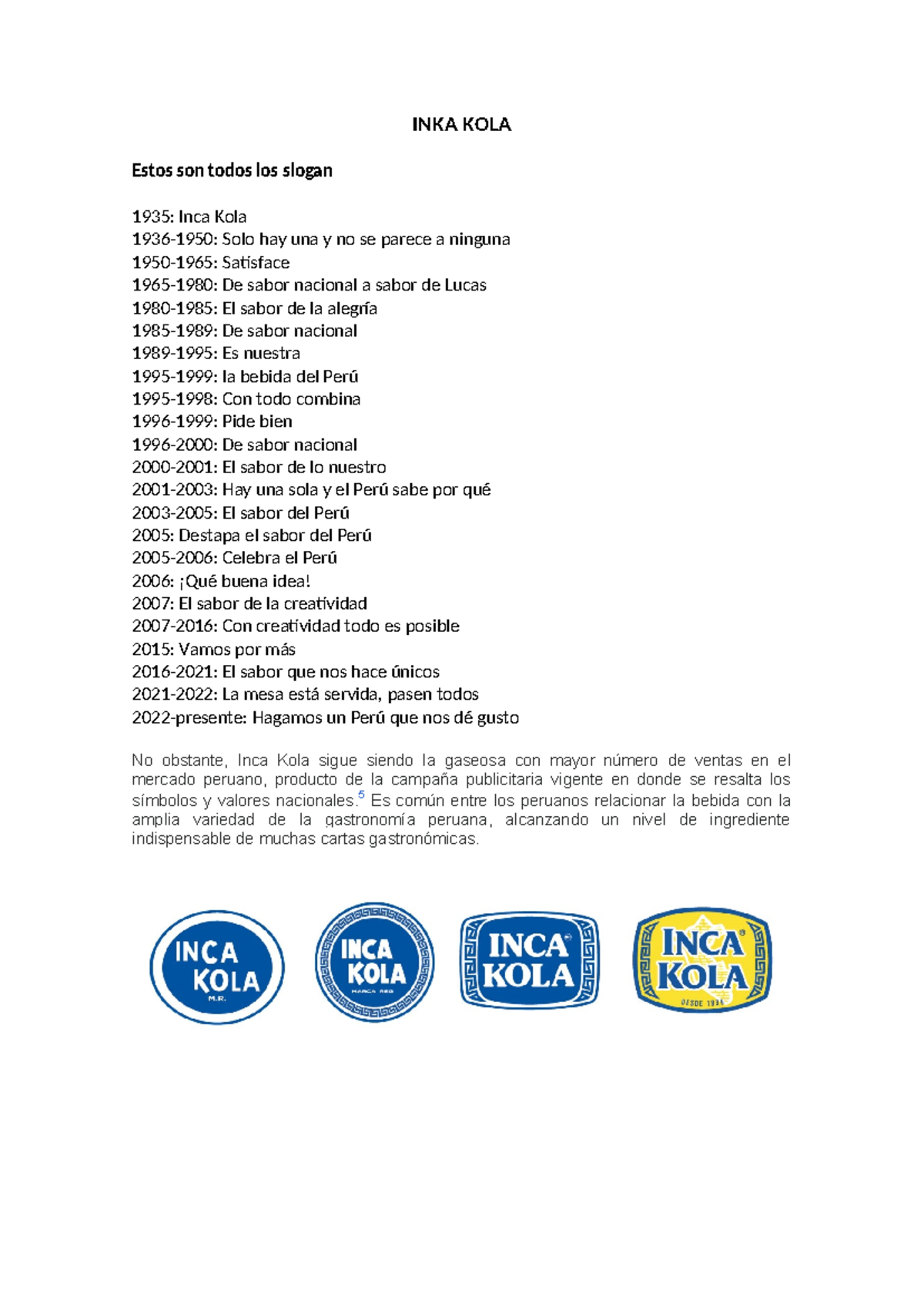 Slogans de Inka Kola: Evolución y Sabor en Perú - Studocu