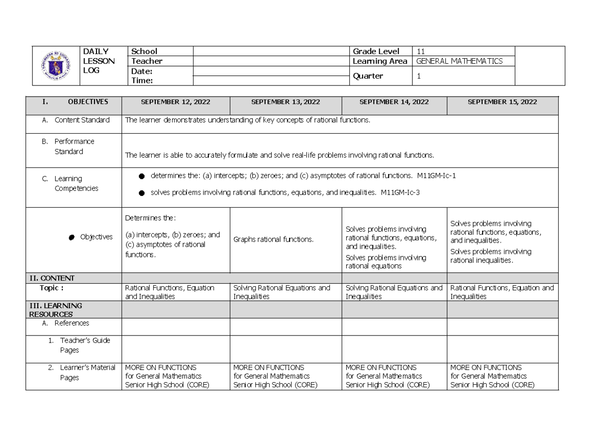 WEEK 4 - Daily Lesson Log for General Mathematics 11: Rational ...