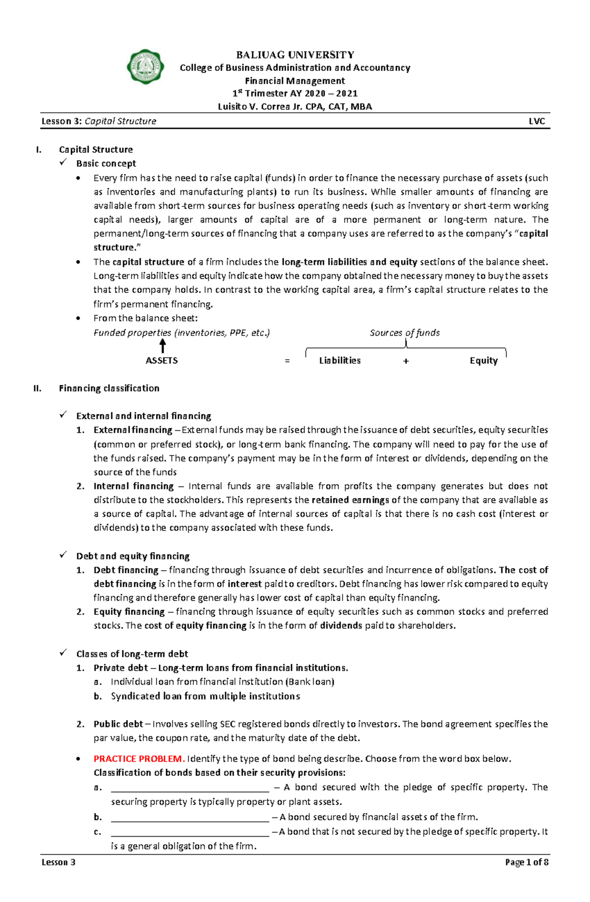 Lesson 3-Capital Structure - BALIUAG UNIVERSITY College of Business ...
