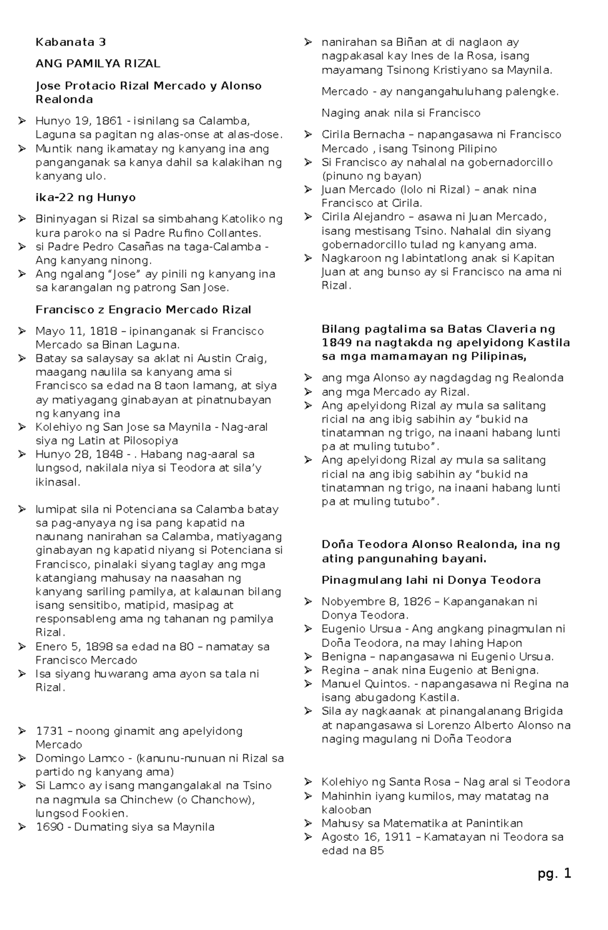 Kabanata 3: Ang Pamilya Rizal at ang Kanilang Kasaysayan - Studocu