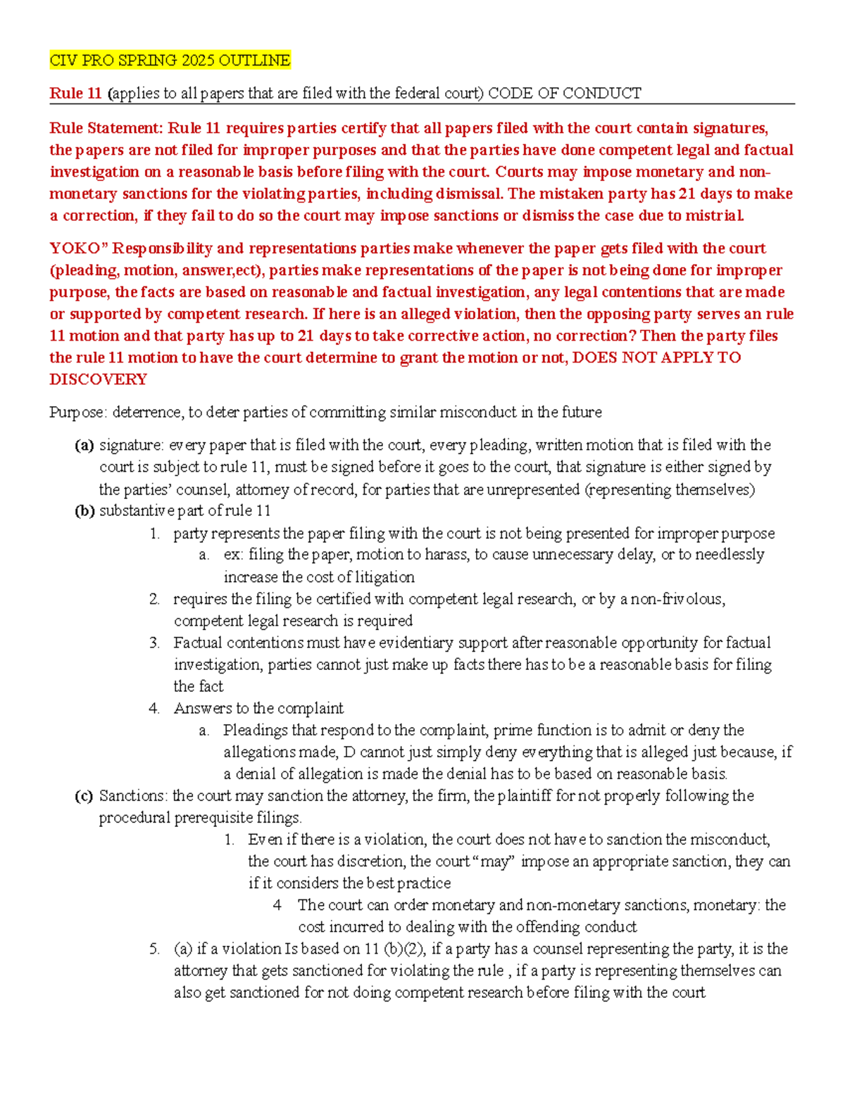CIV PRO SPRING 2025 OUTLINE: Understanding Rule 11 and Pleadings - Studocu