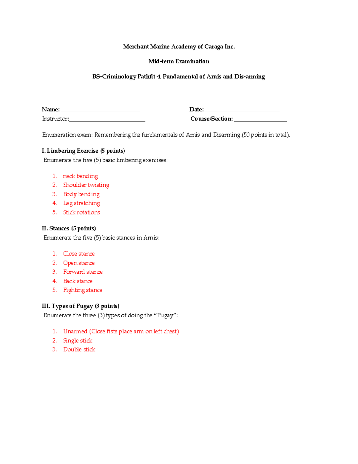 Pathfit 1 Midterm Exam: Fundamentals of Arnis Enumeration Guide - Studocu