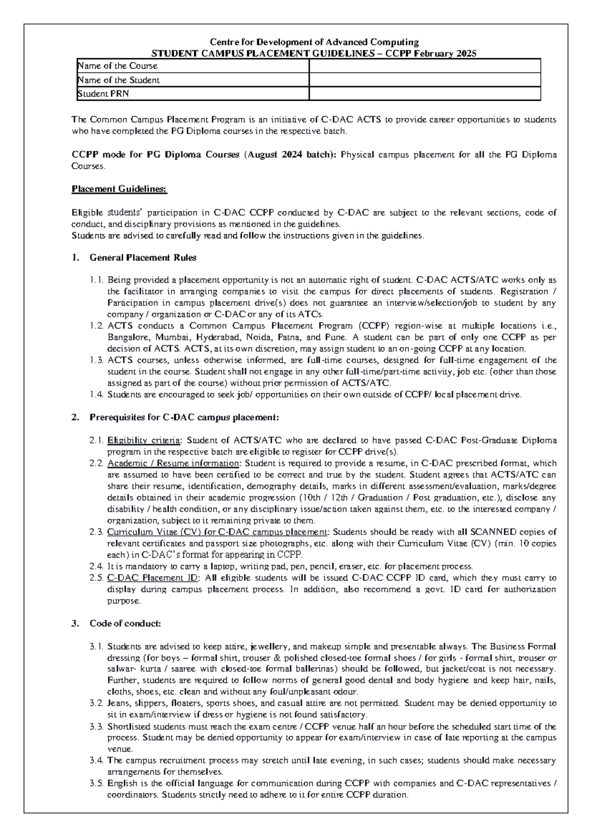 CCPP Student Placement Guidelines for PG Diploma - Feb 2025 - Studocu