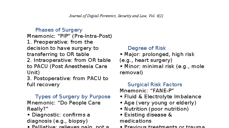 Lecture Notes on Phases of Surgery and Surgical Risks (MS Lec) - Studocu