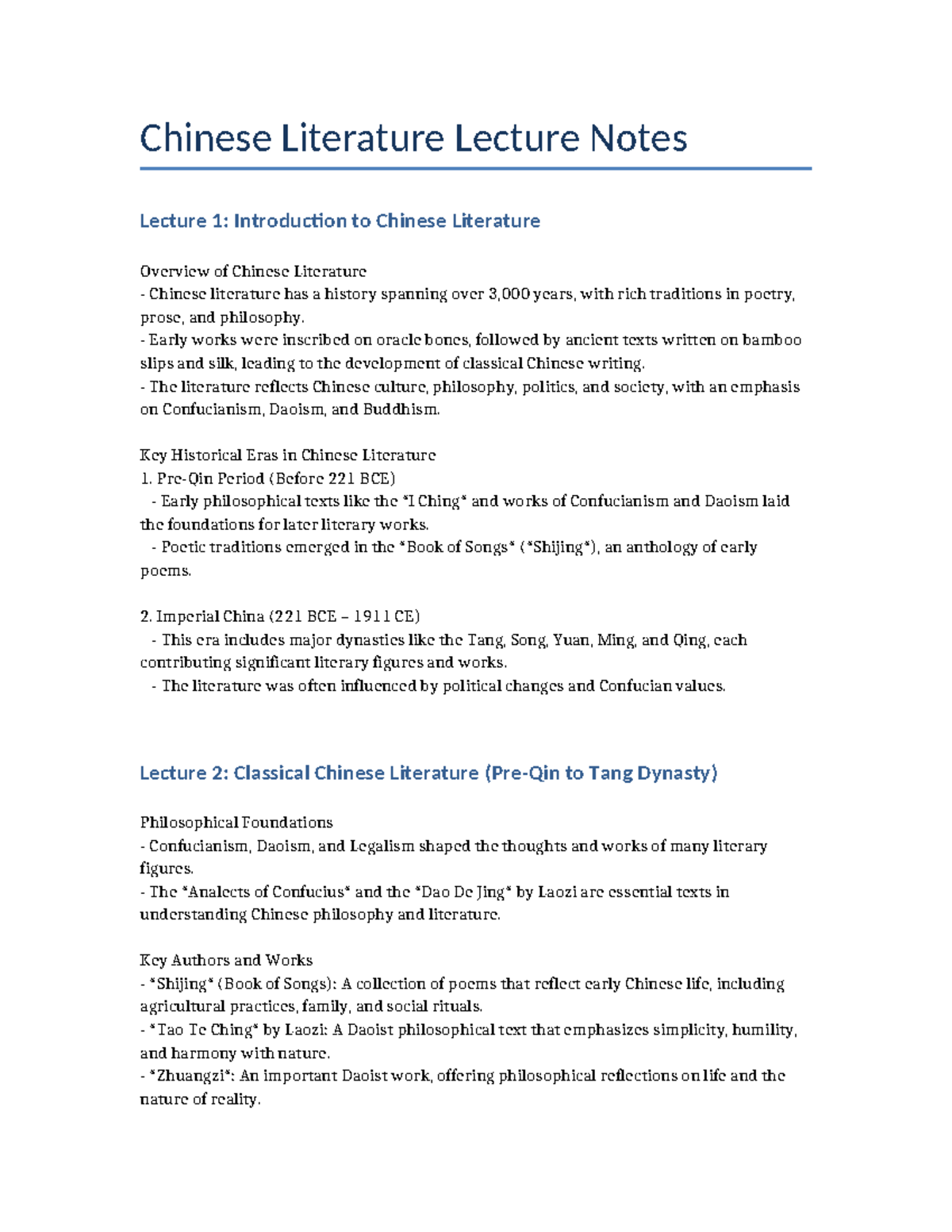 Chinese Literature Lecture Notes: An Insight into Historical Eras - Studocu