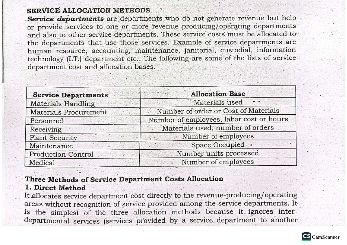 Service Cost Allocation Methods (CS) - Studocu