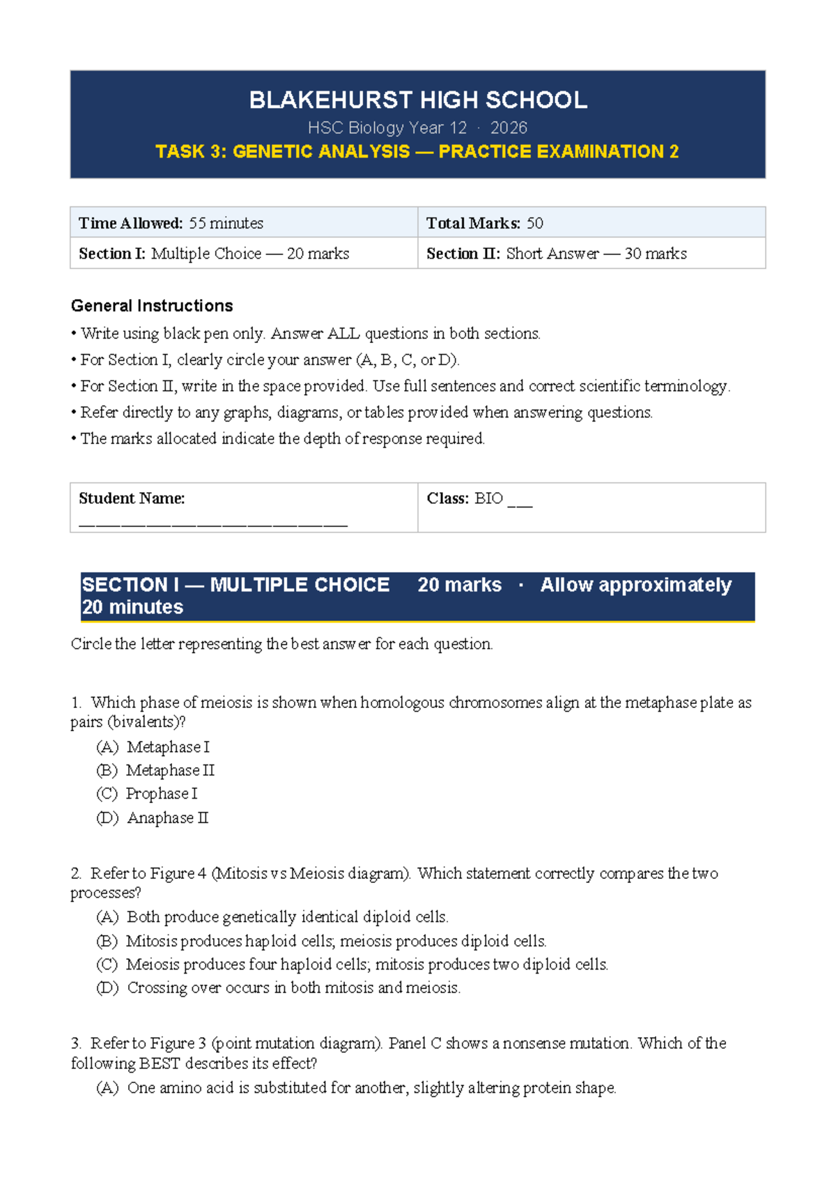 HSC Biology Year 12 2026 Task 3: Genetic Analysis Practice Exam - Studocu