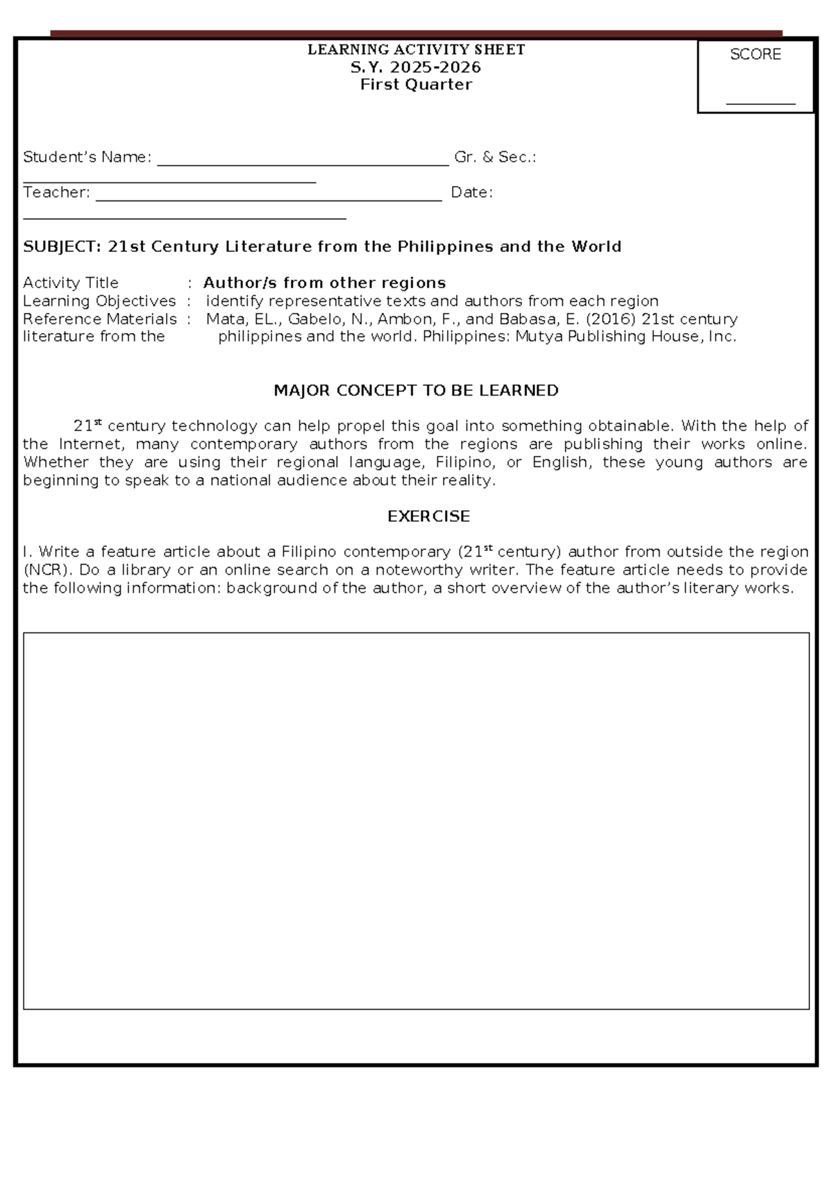 CS5 LAS WEEK 2: Exploring 21st Century Literature from Regions - Studocu