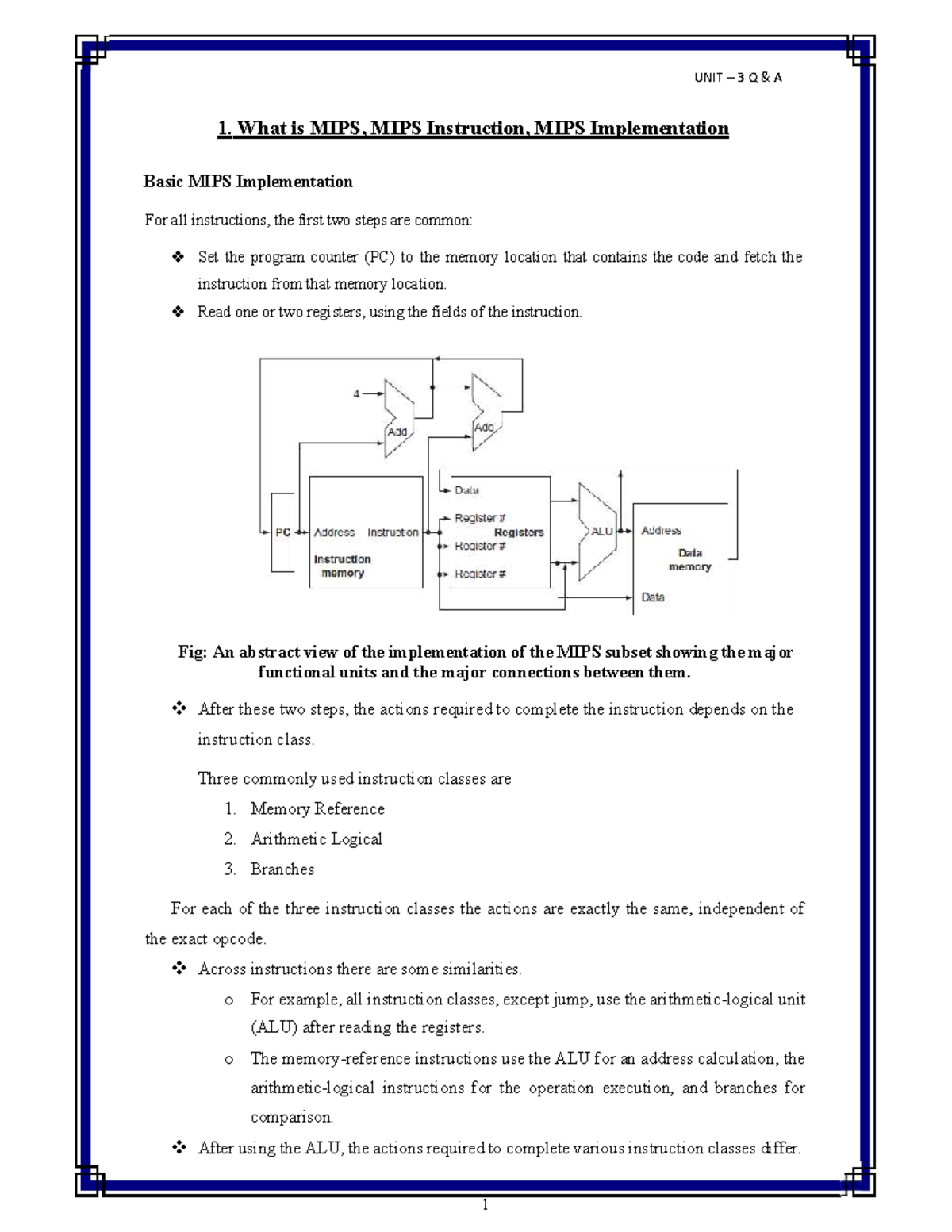 UNIT 3 Computer Organization & Architecture: MIPS Implementation ...
