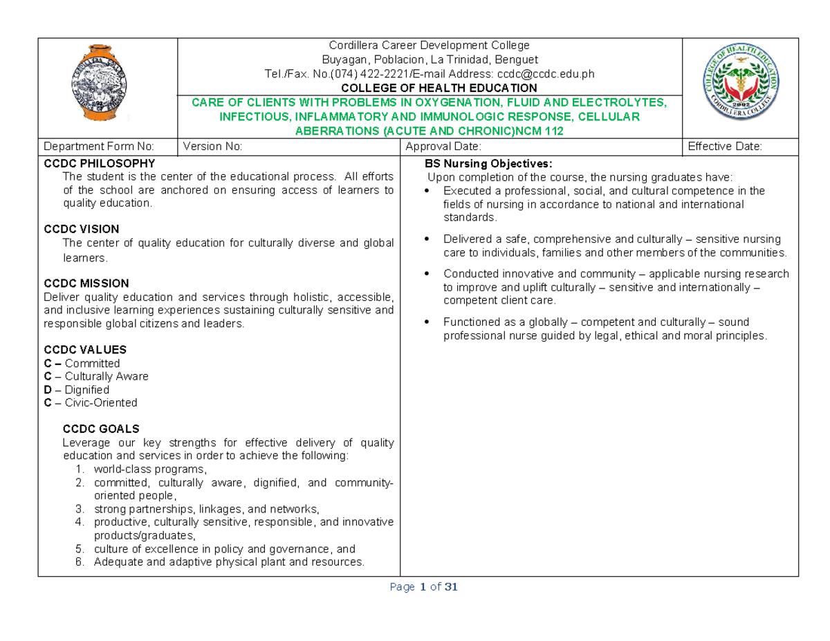 NCM 112 Final Exam Syllabus: Nursing Care in Oxygen and Fluid Imbalance ...