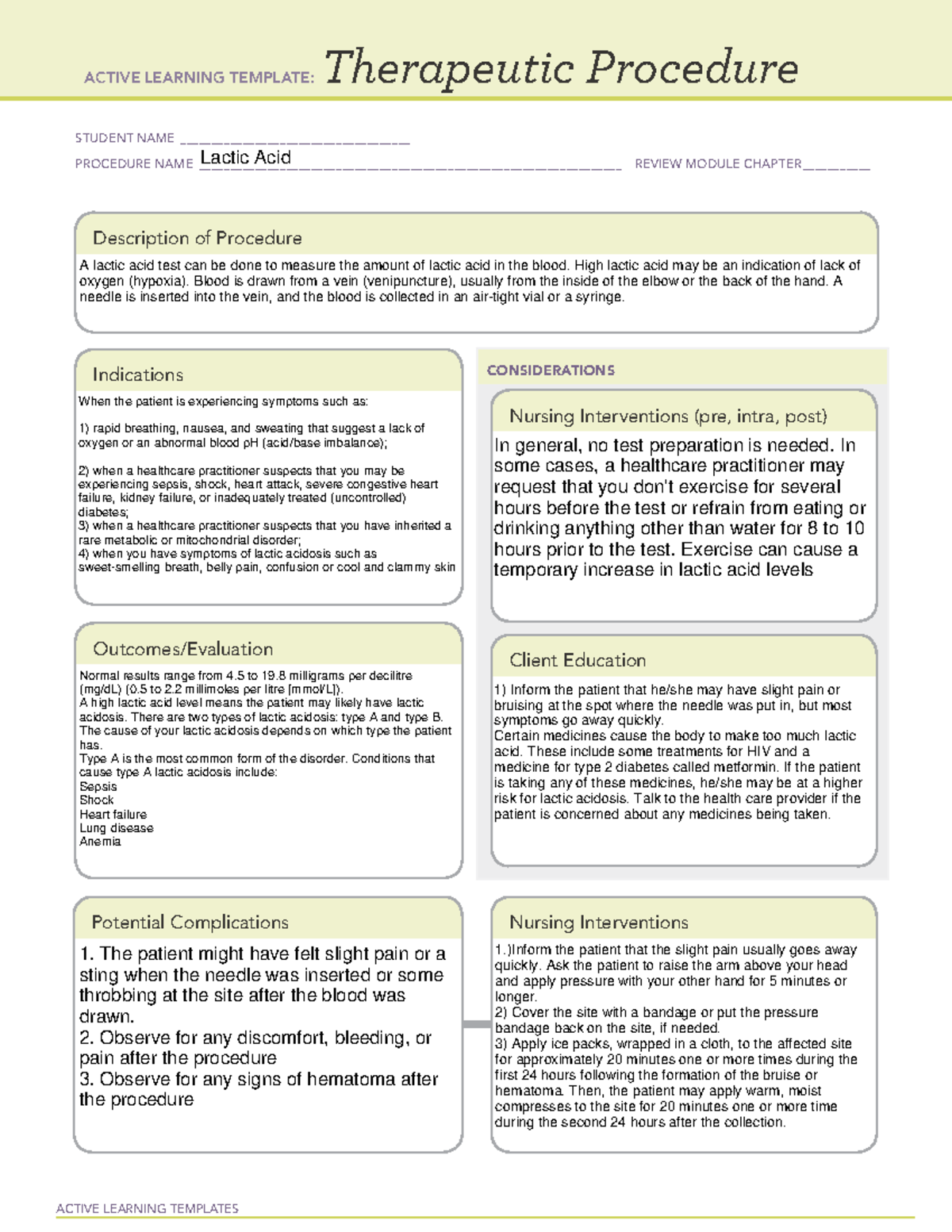 Lactic acid ATI TEMP - ACTIVE LEARNING TEMPLATE: Therapeutic Procedure ...