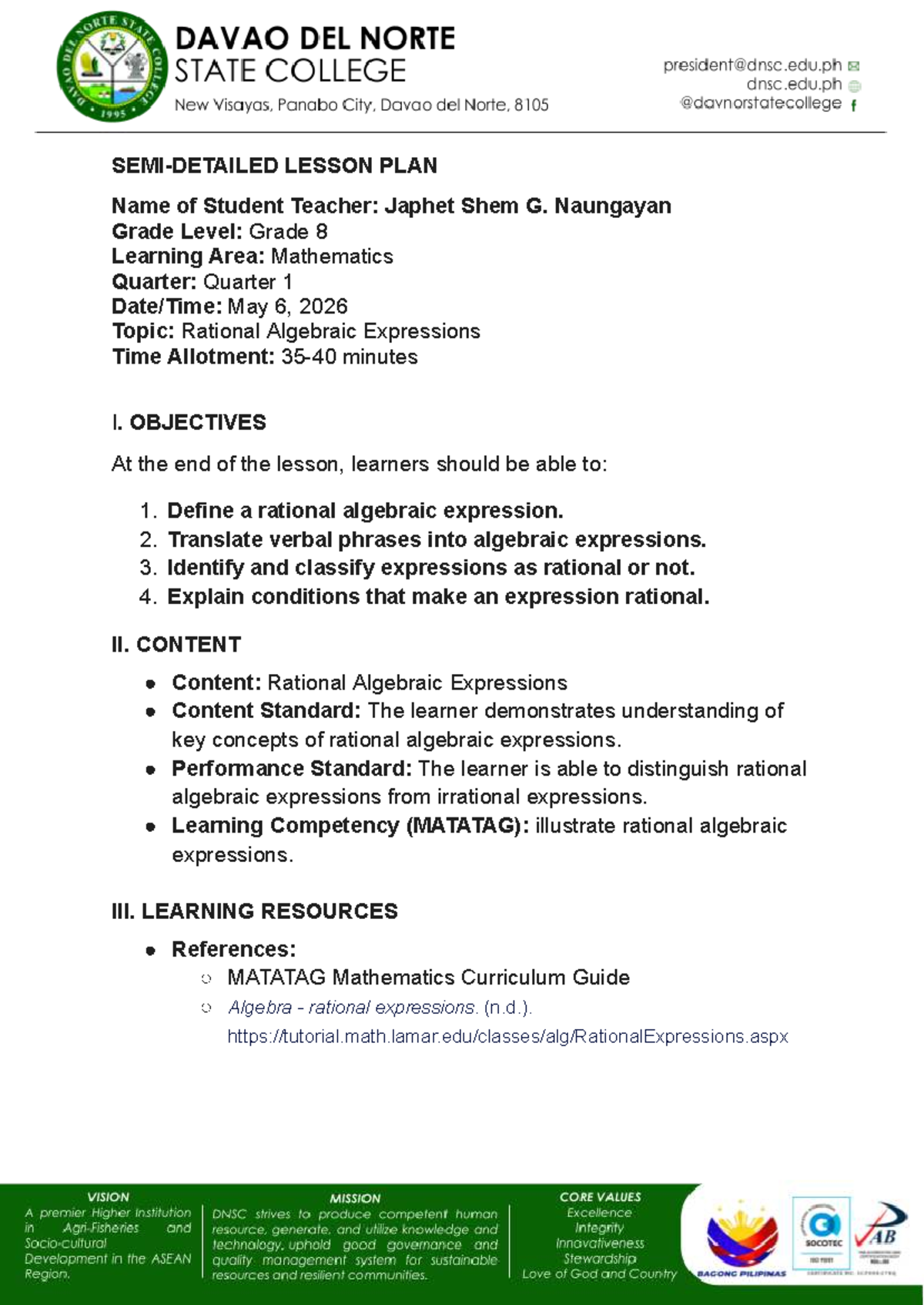 MAT8 Lesson Plan: Understanding Rational Algebraic Expressions - Studocu