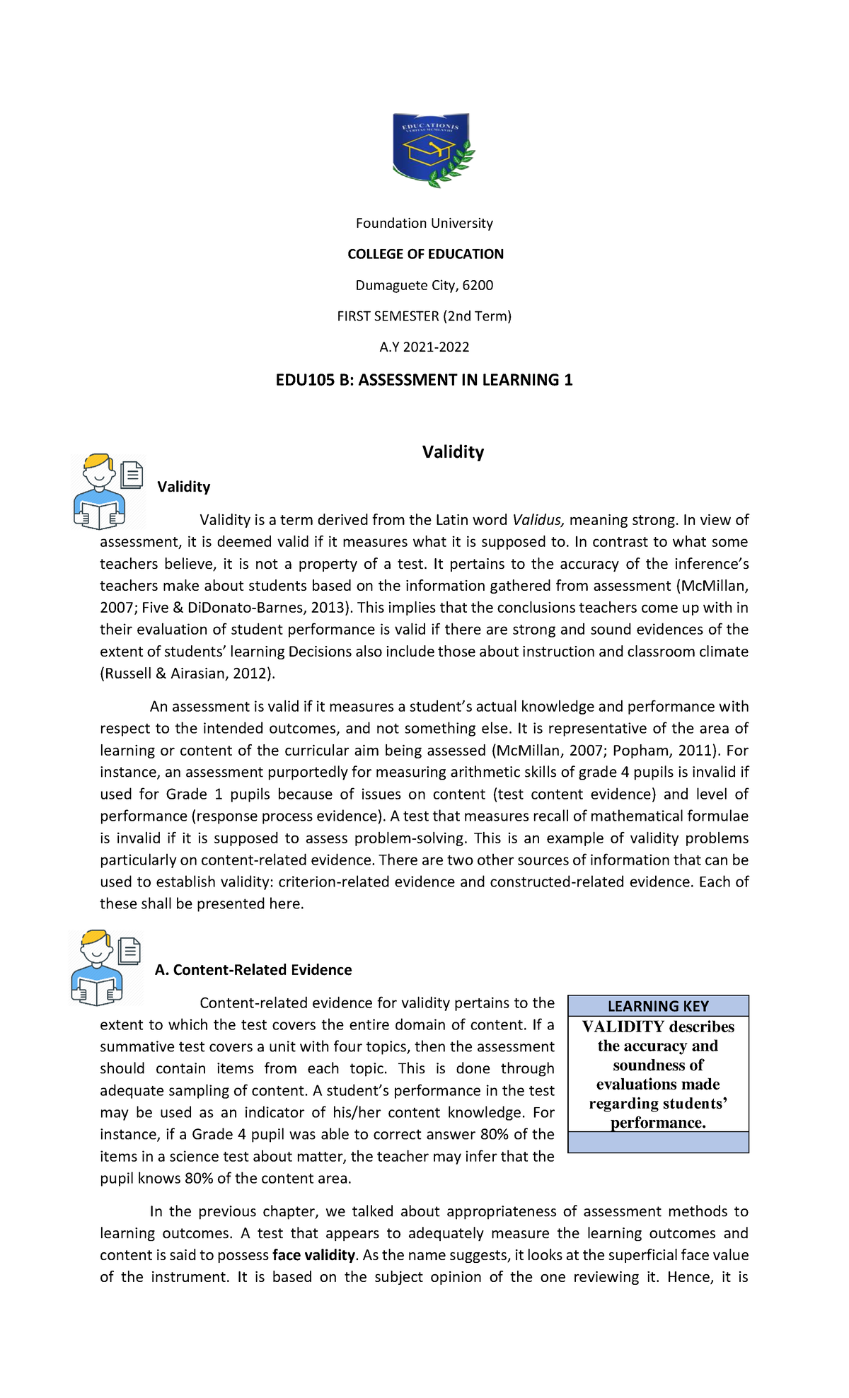 EDU105 B: Validity in Assessment - Learning Material 4 Notes - Studocu