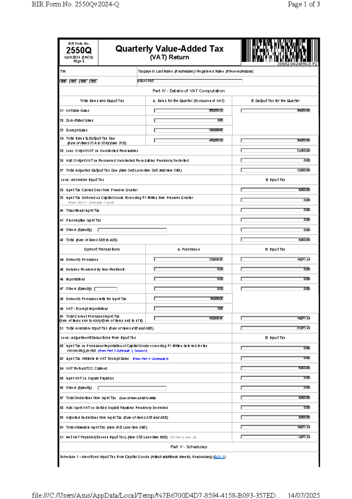 Bir Form 2550q: Quarterly Vat Return Example - April 2024 - Studocu