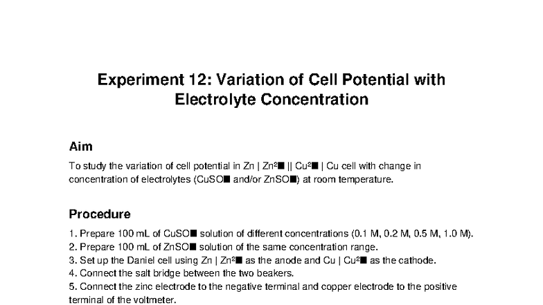 Experiment 12: Variation of Cell Potential in Zn-Cu Cell - Studocu