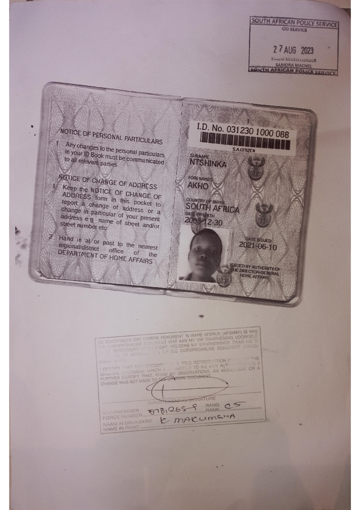 Identification copy- No additional information - SOUTH AFRICAN POLICE ...