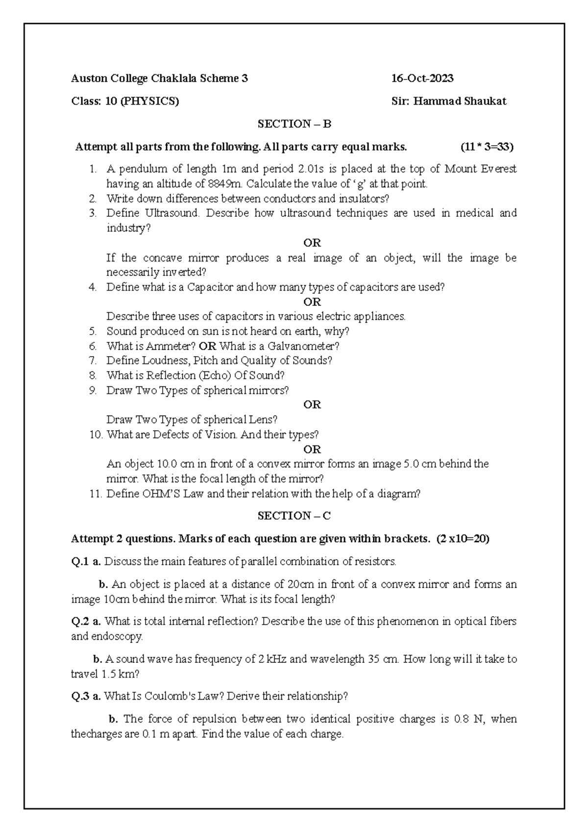 Class 10 Physics Exam Paper - Auston College - 16-Oct - Studocu