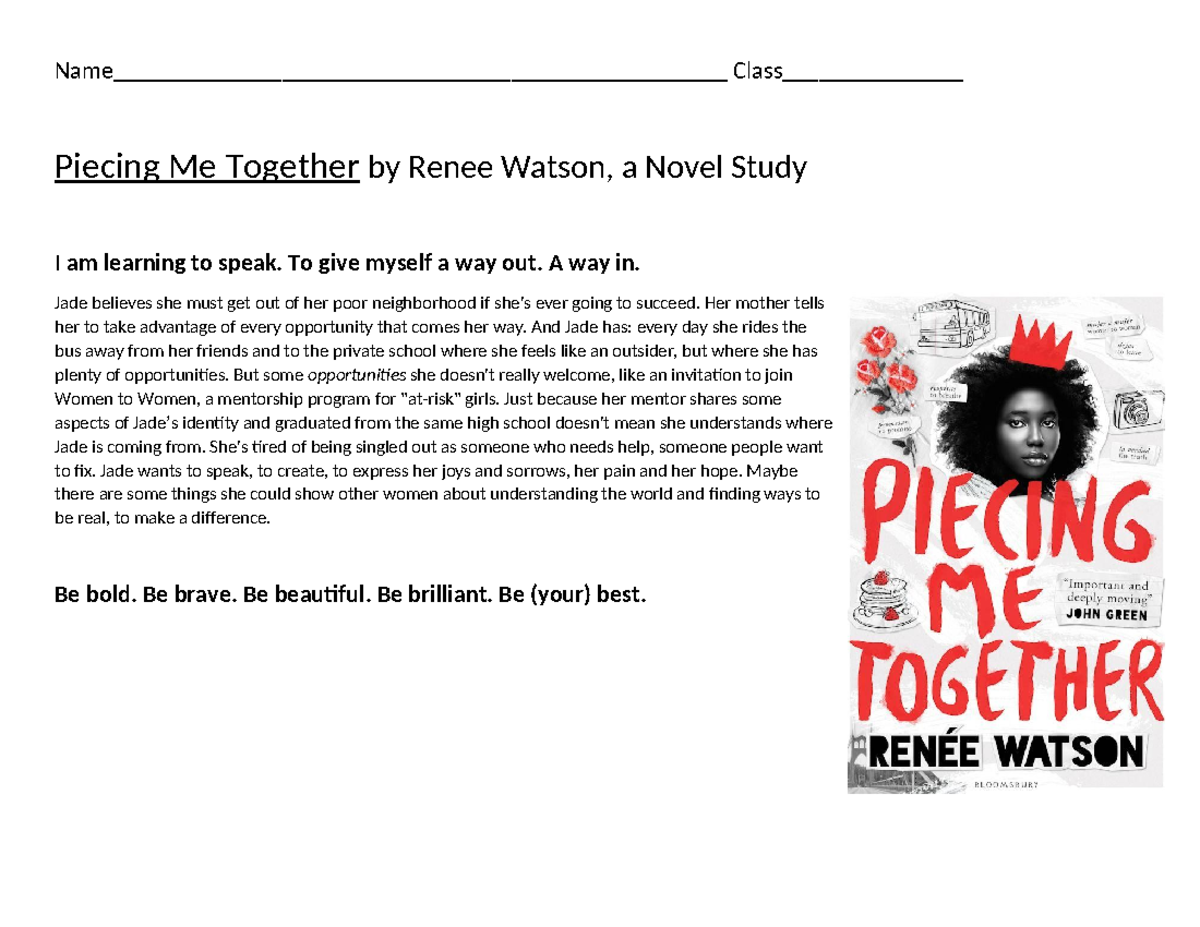 Piecing me together novel study final - Name