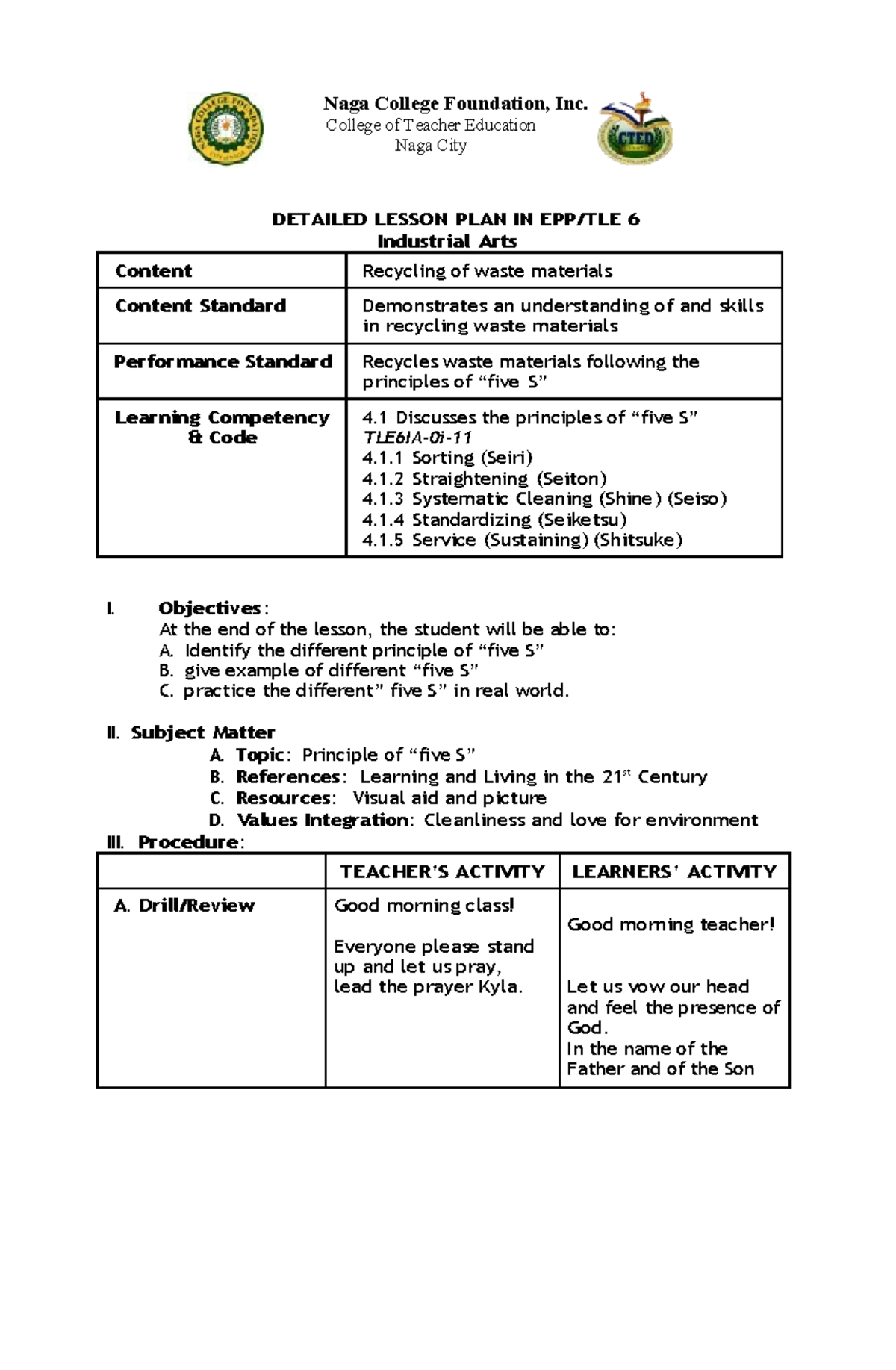 Detailed Lesson Plan on Recycling Waste Materials (IA 6) - Studocu