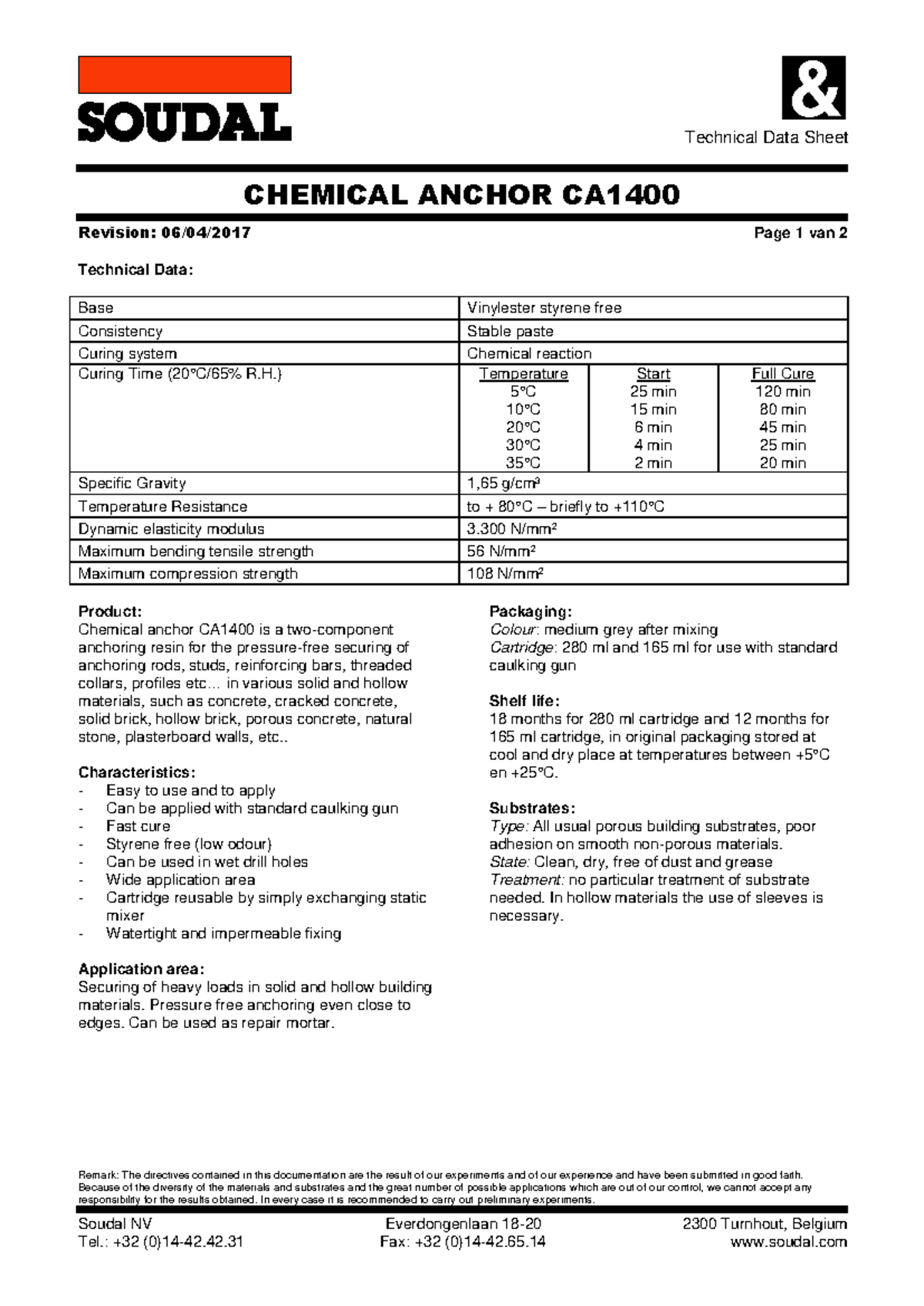 TDS: Chemical Anchor CA1400 Technical Data Sheet - Studocu